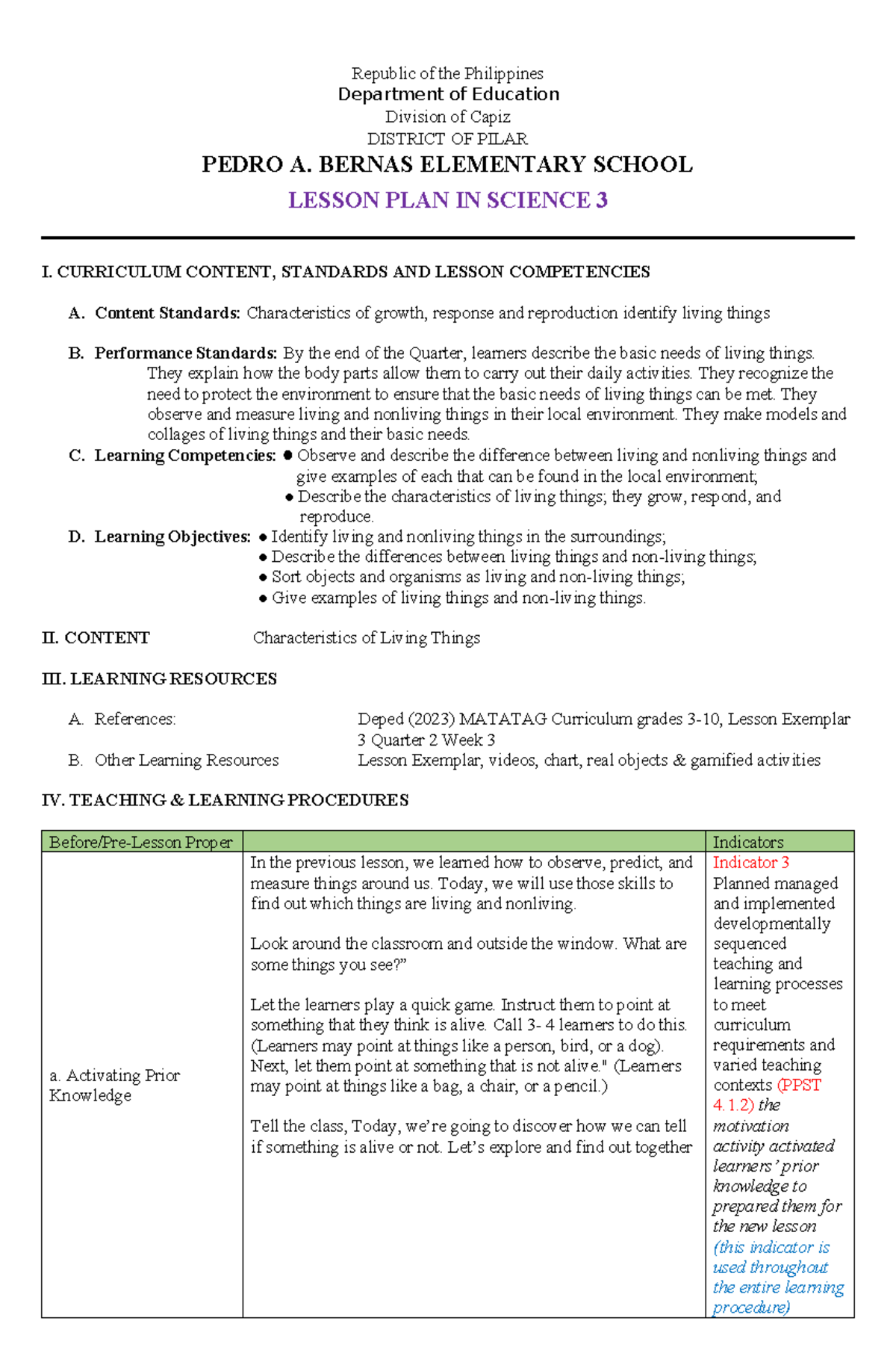 Lesson Plan in Science 3: Living vs. Nonliving Things - Studocu
