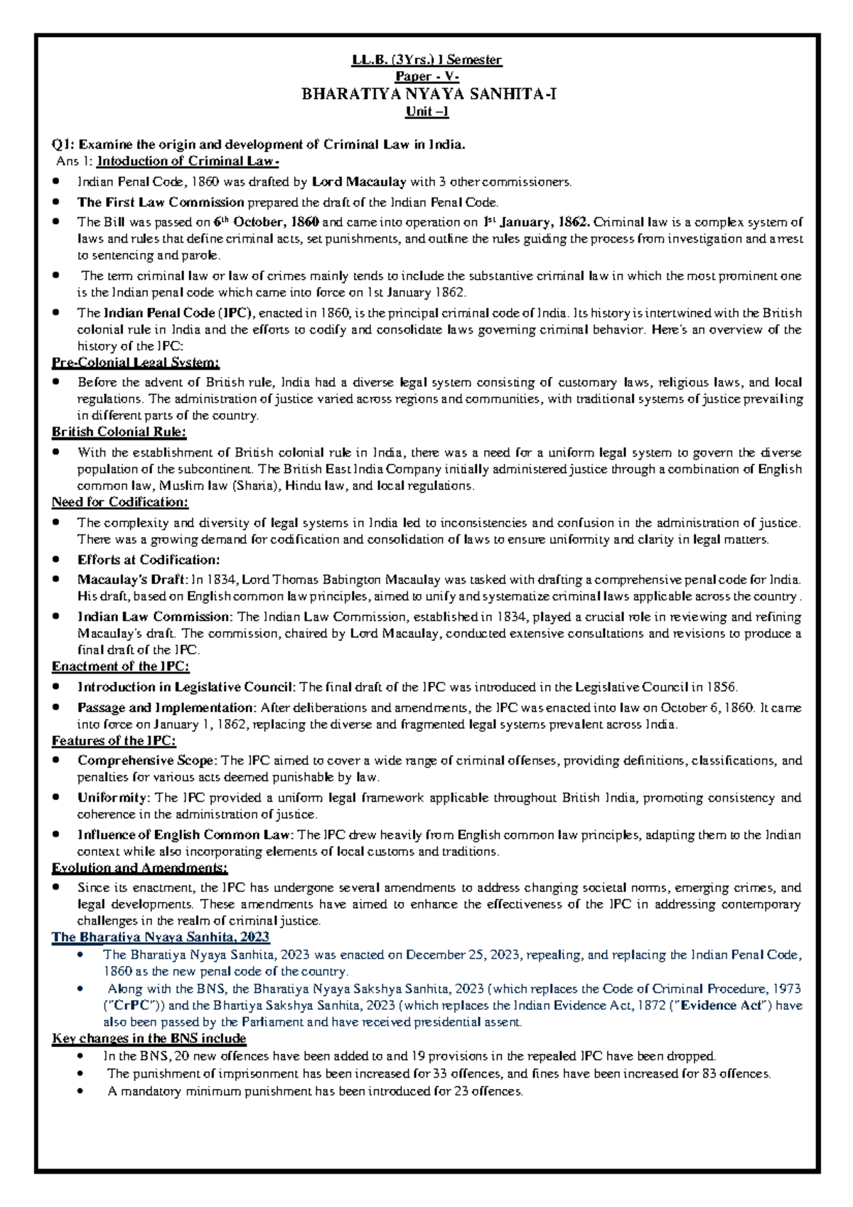 BNS U-1 Criminal Law Notes: Origin, Development & Key Concepts - Studocu