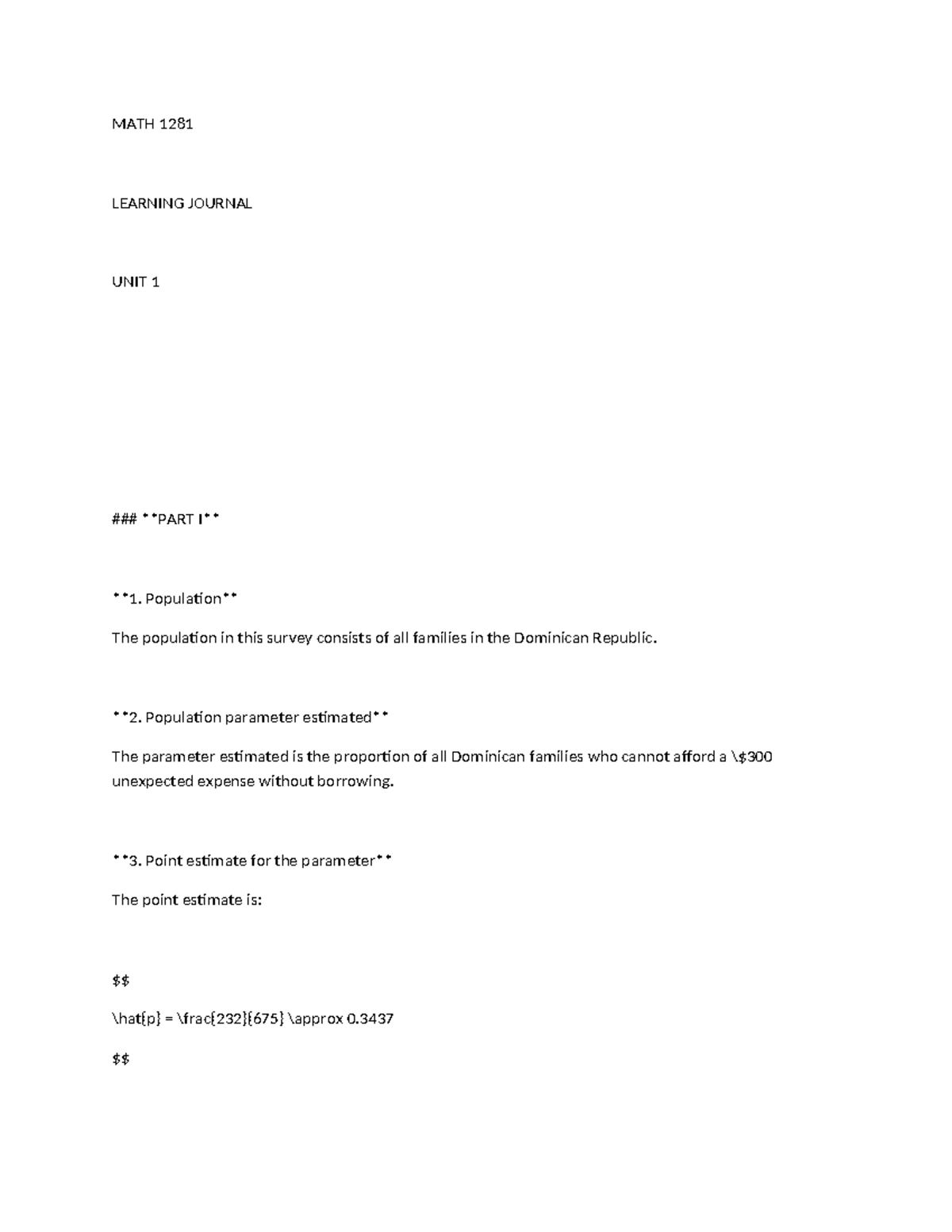 MATH 1281 Learning Journal Unit 1: Family Financial Survey Analysis ...