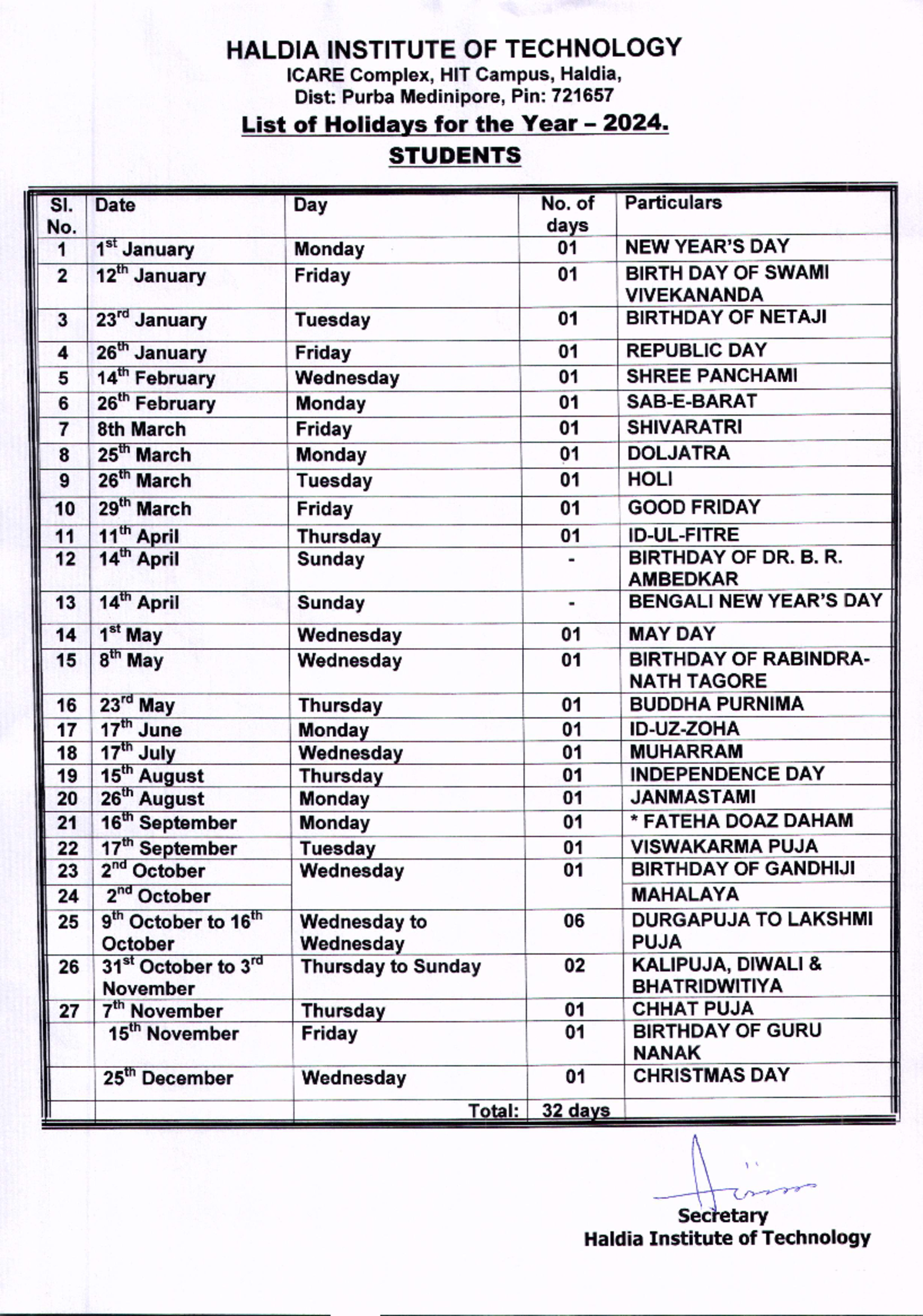 Holiday List for Students - Haldia Institute 2024 - Studocu