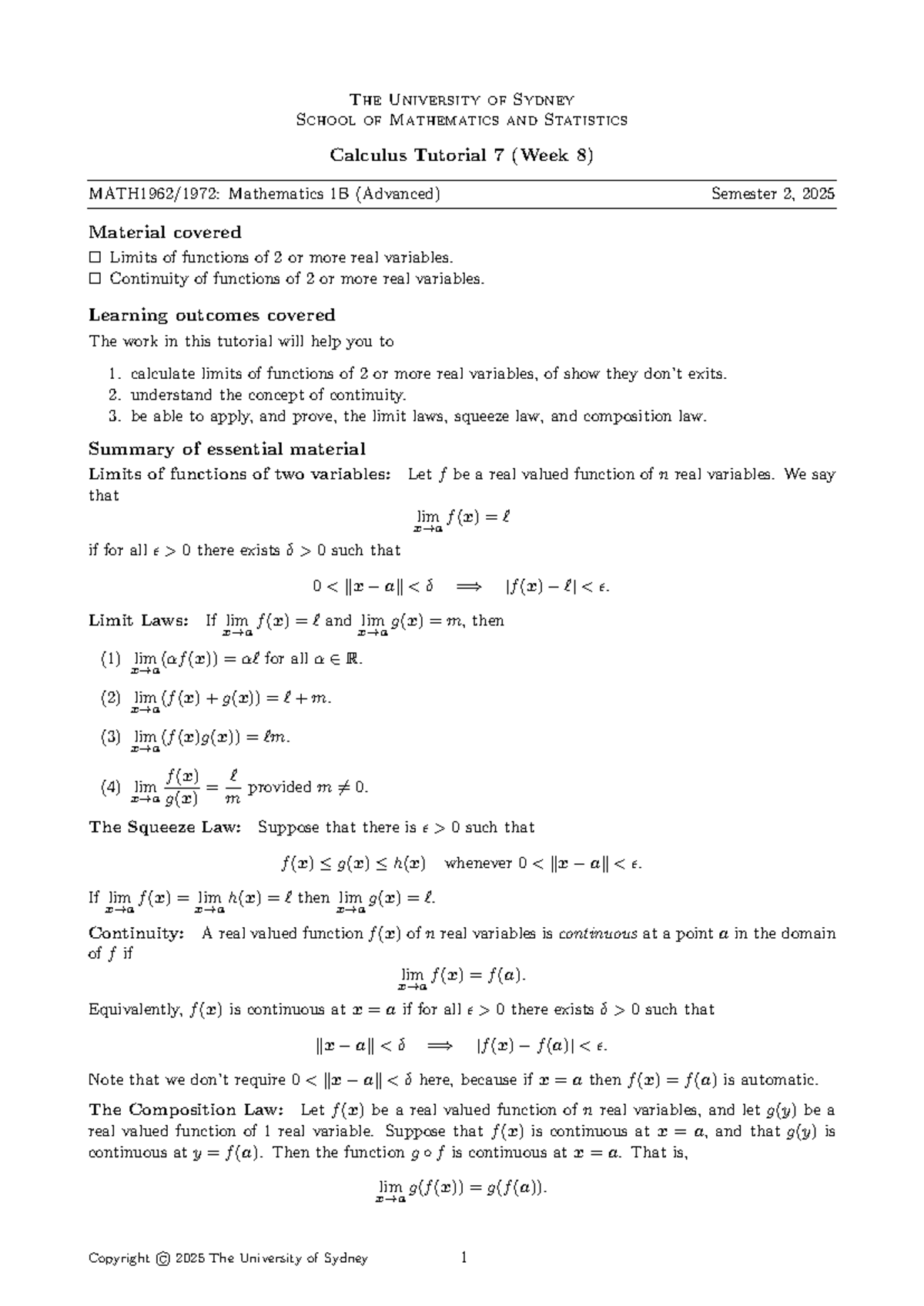 Calculus Tutorial 7 (Week 8) - Limits & Continuity in Math 1B - Studocu