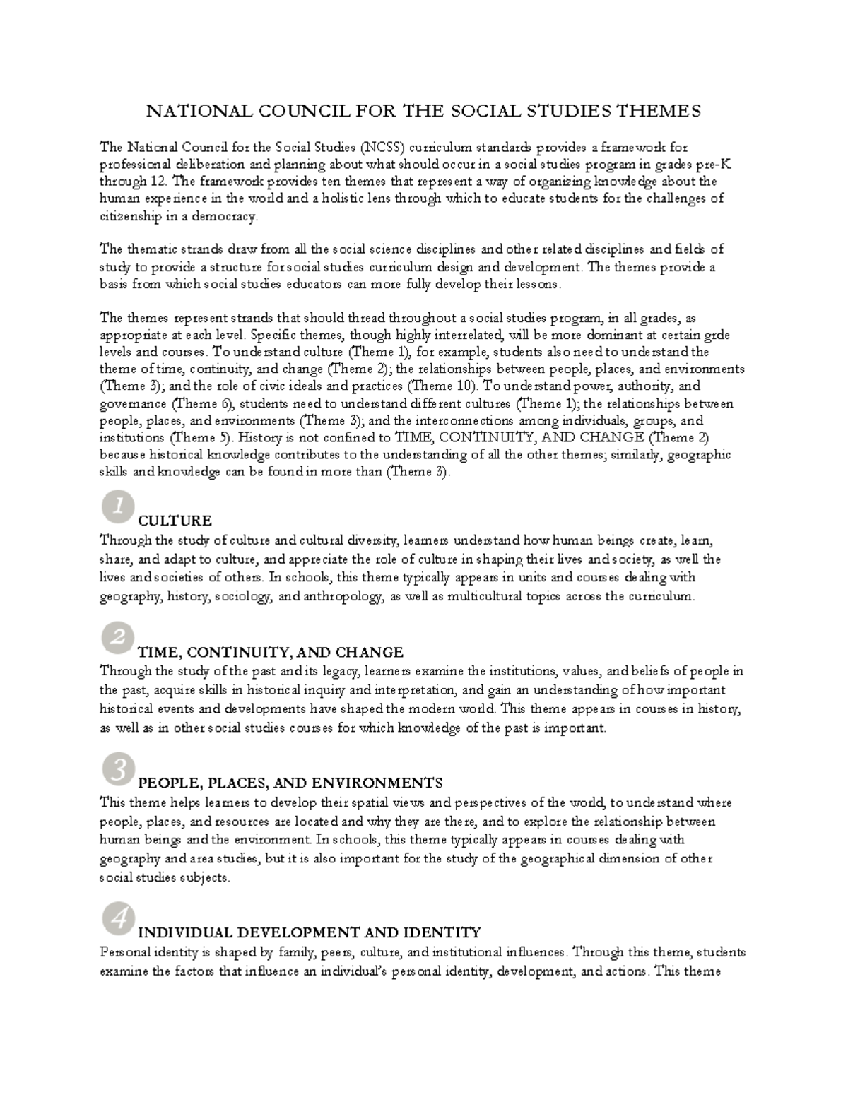 NCSS Themes Framework for Social Studies Education Standards - Studocu