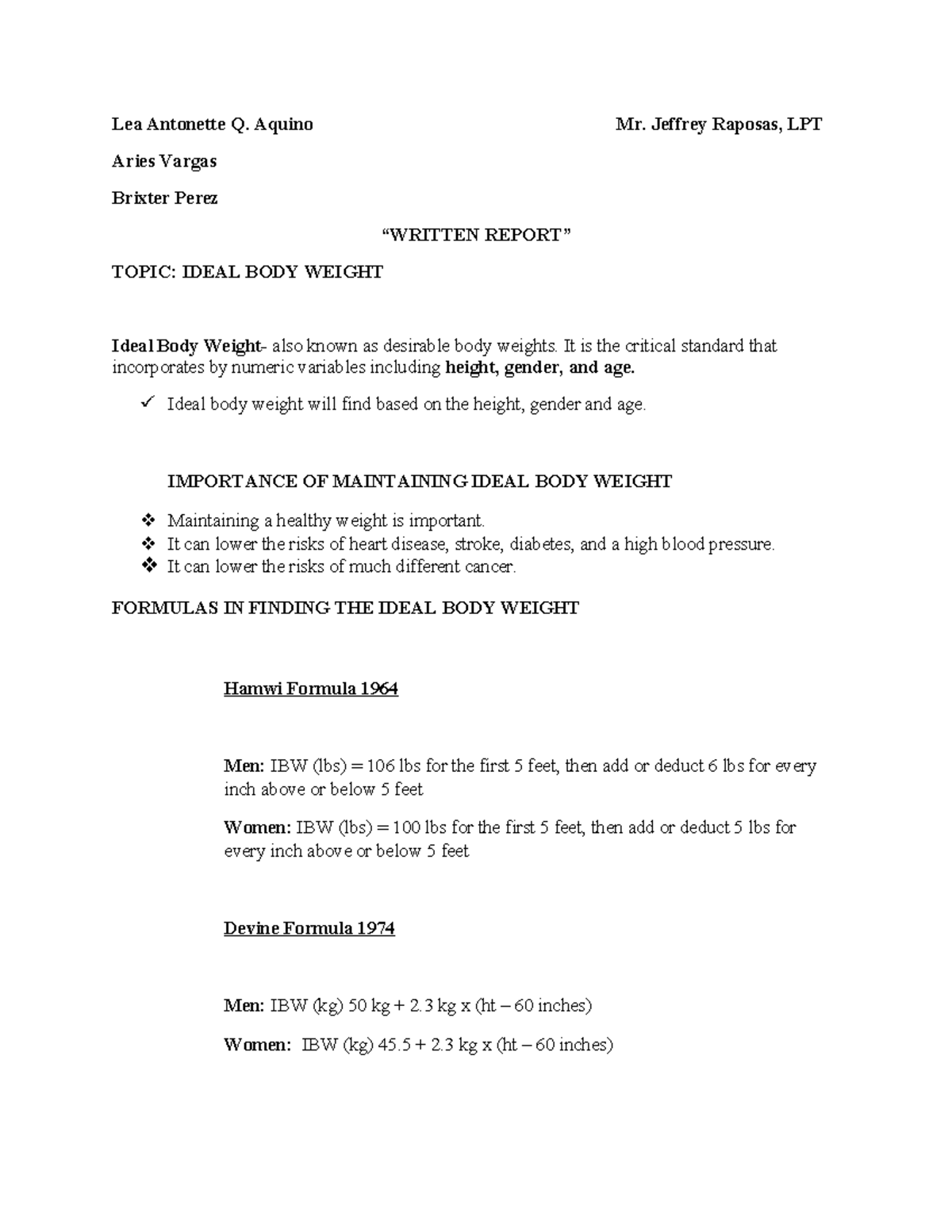 WRITTEN REPORT: IDEAL BODY WEIGHT - EXAMPLES AND FORMULAS - Studocu