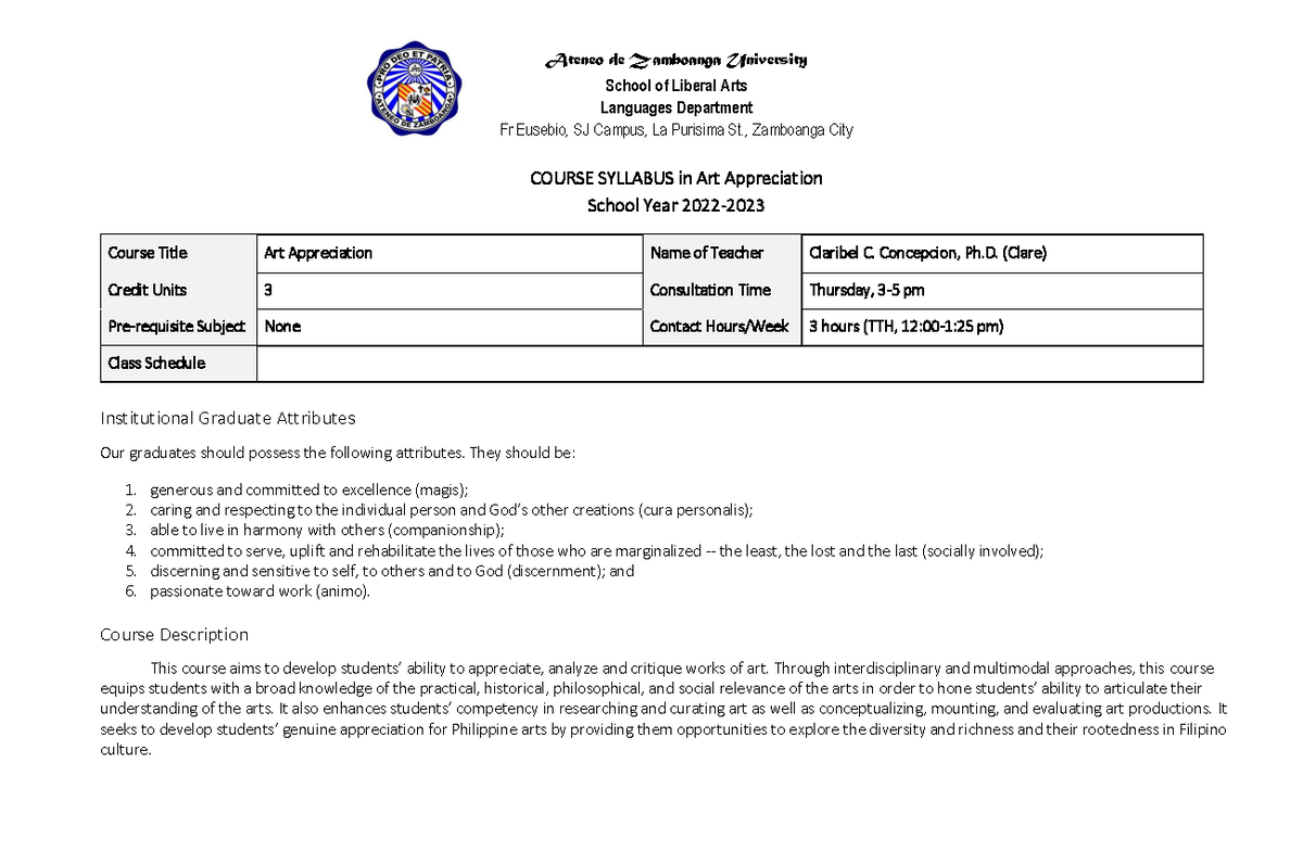 Syllabus in Art Appreciation Second Sem 2022 2023 - Ateneo de Zamboanga ...