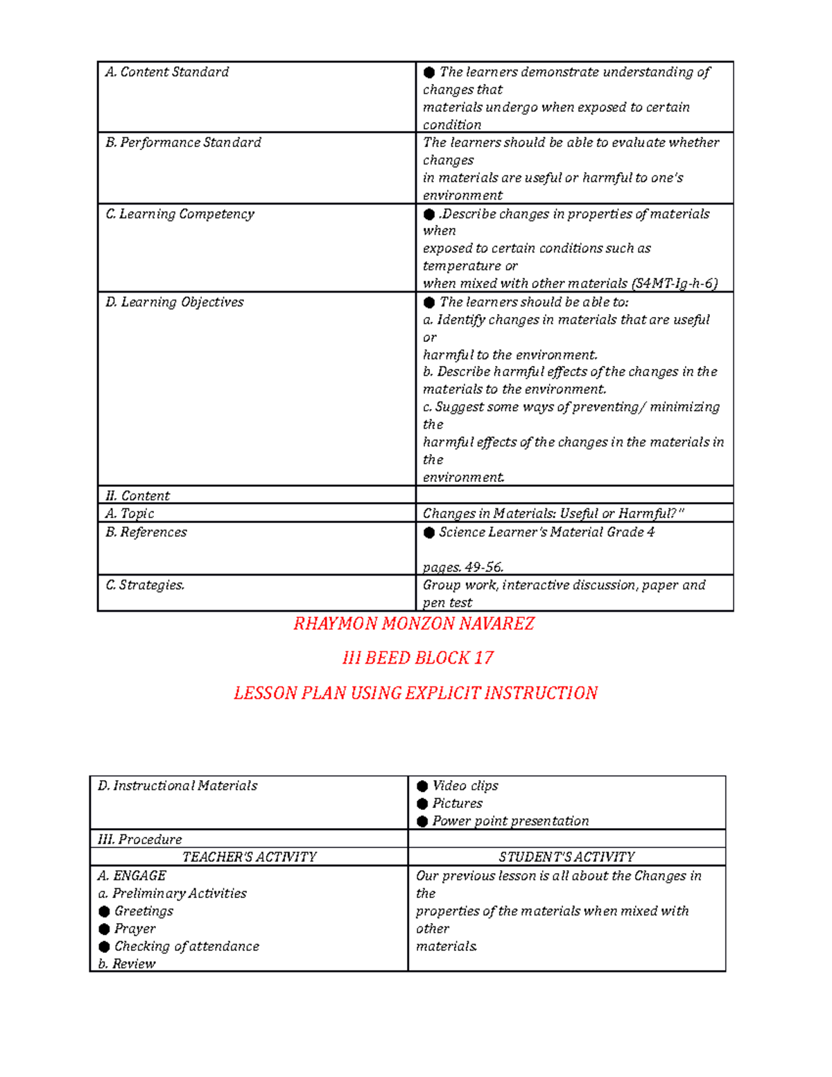 Elective Lesson Plan on Changes in Materials (S4MT-Ig-h-6) - Studocu
