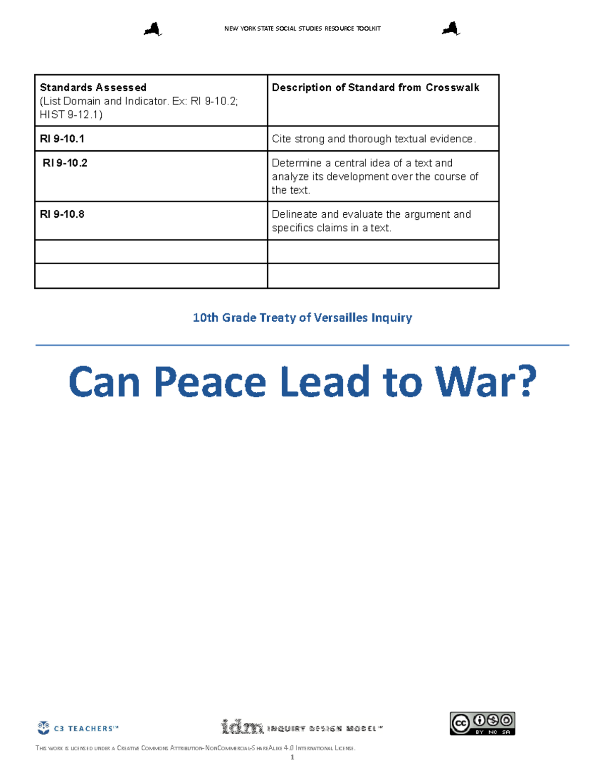 Can Peace Lead to War Packet (Revised Doc) - Standards Assessed (List ...