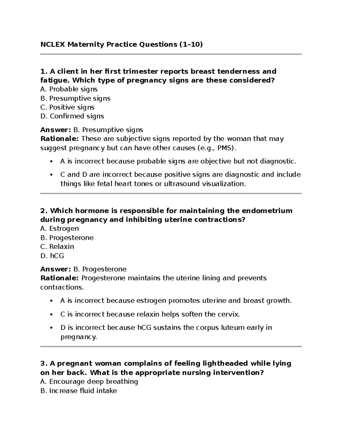 NCLEX Maternity Practice Test 1: Key Questions & Answers - Studocu