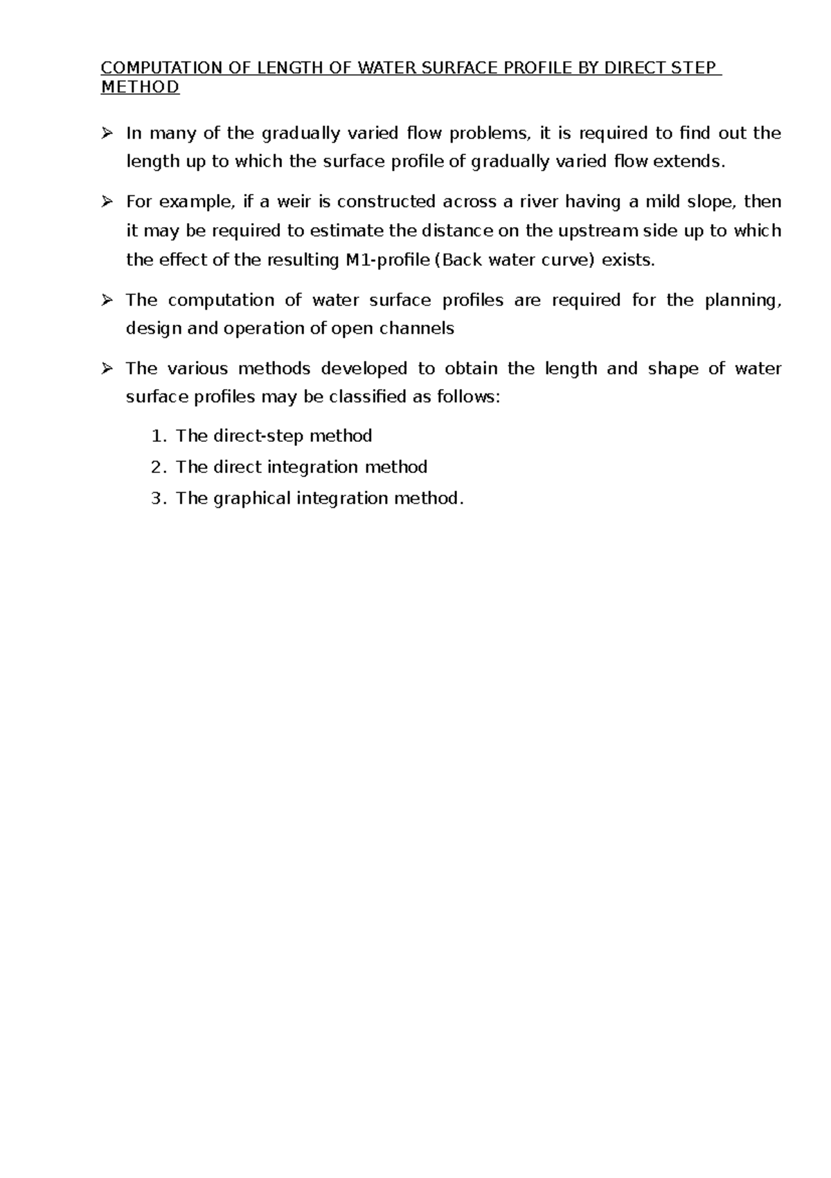 COMPUTATION OF WATER SURFACE PROFILE USING DIRECT STEP METHOD - Studocu