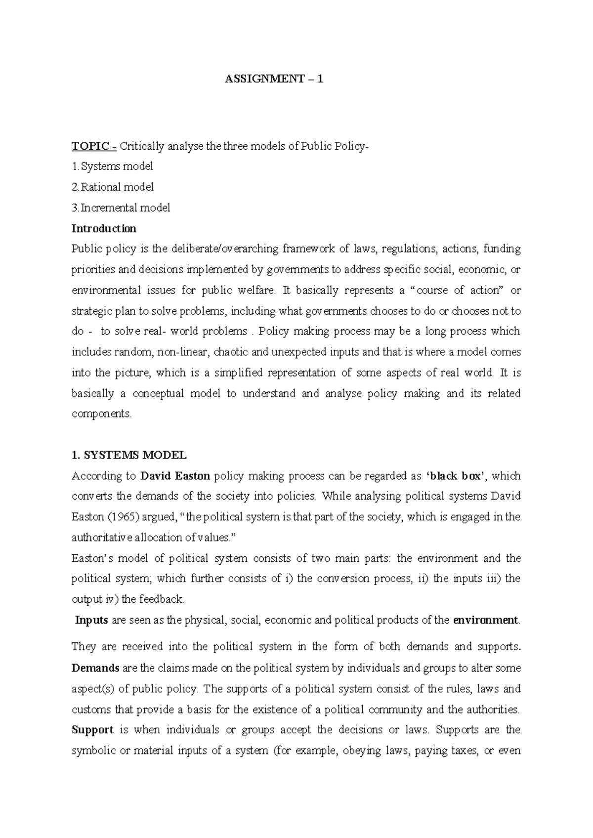Assignment 2: Critical Analysis of Public Policy Models (Systems ...