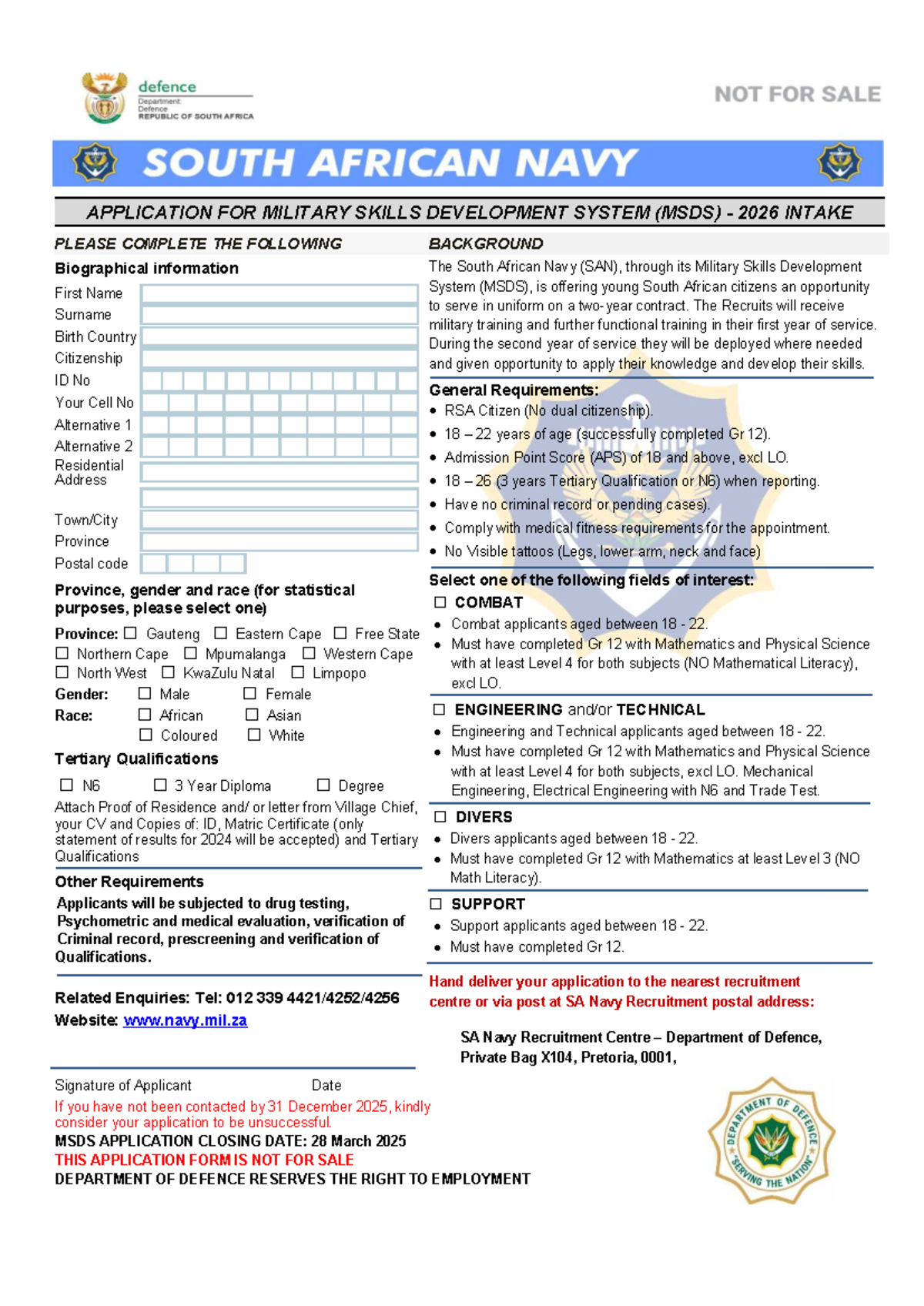 SA Navy MSDS Application Form for 2026 Intake - Not for Sale - Studocu