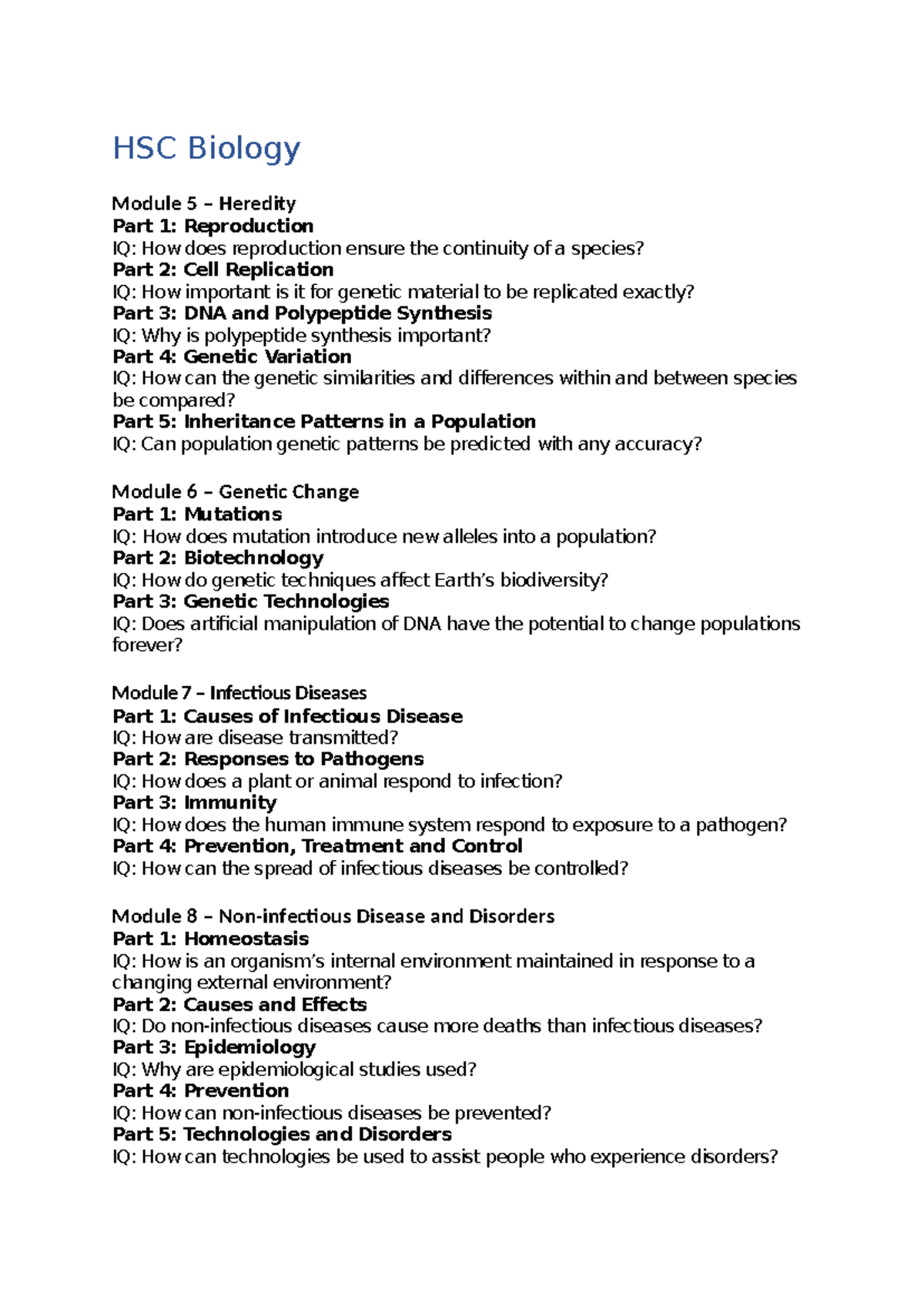 Cover page template - summary of module - HSC Biology Module 5 ...