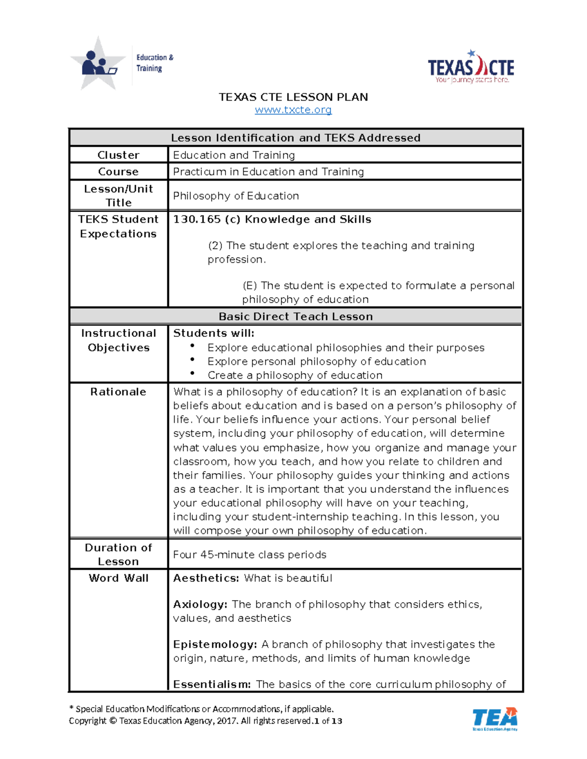 Lesson Plan Philosophy of Education 8 0 - TEXAS CTE LESSON PLAN txcte ...