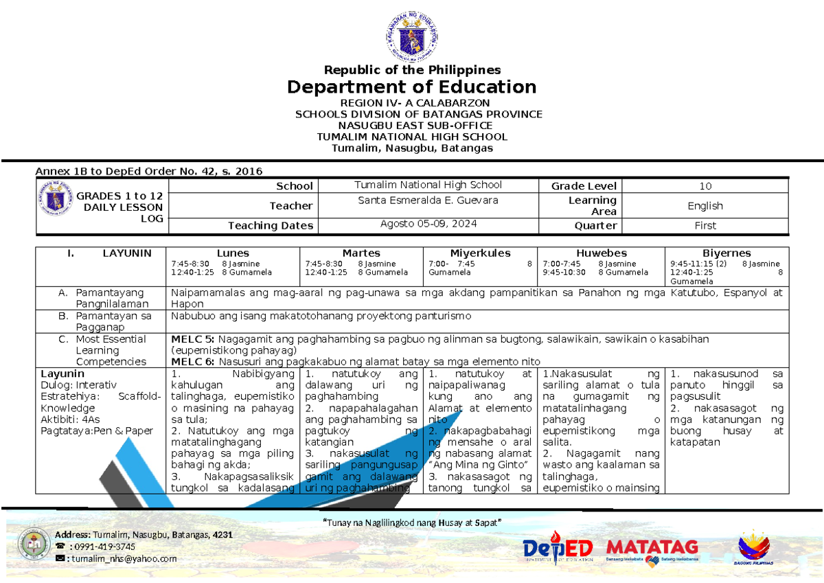 Q1 W3 FIL 8 - lesson plan in Grade 8 - Department of Education REGION ...