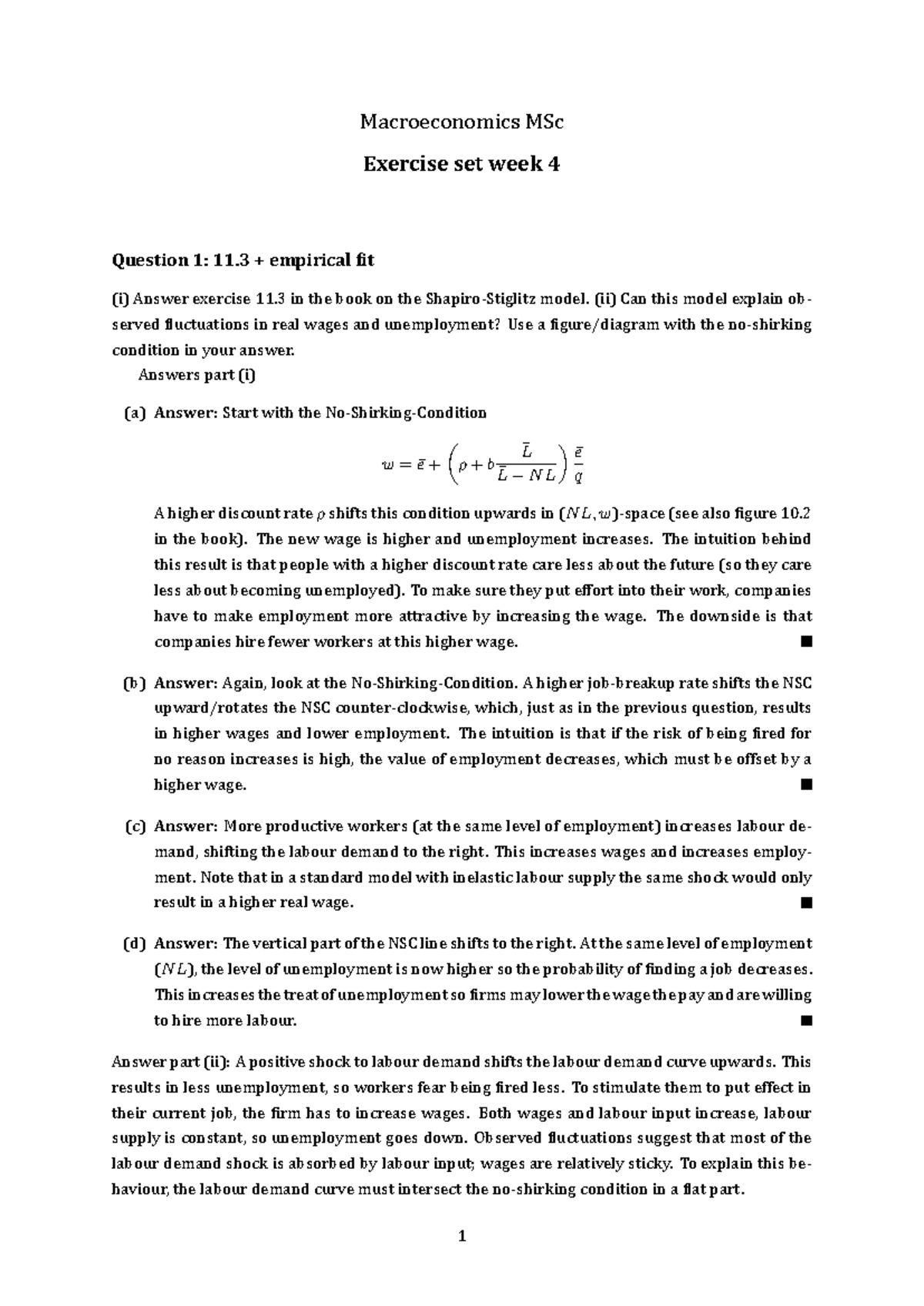 Exercise Set Week 4 Answers - Macroeconomics MSc - Studeersnel