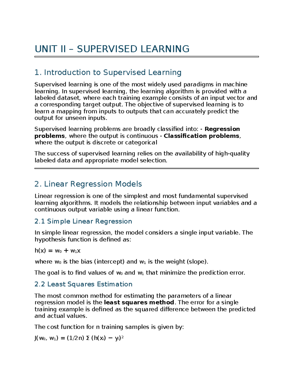Unit II - Supervised Learning: Key Concepts and Models - Studocu