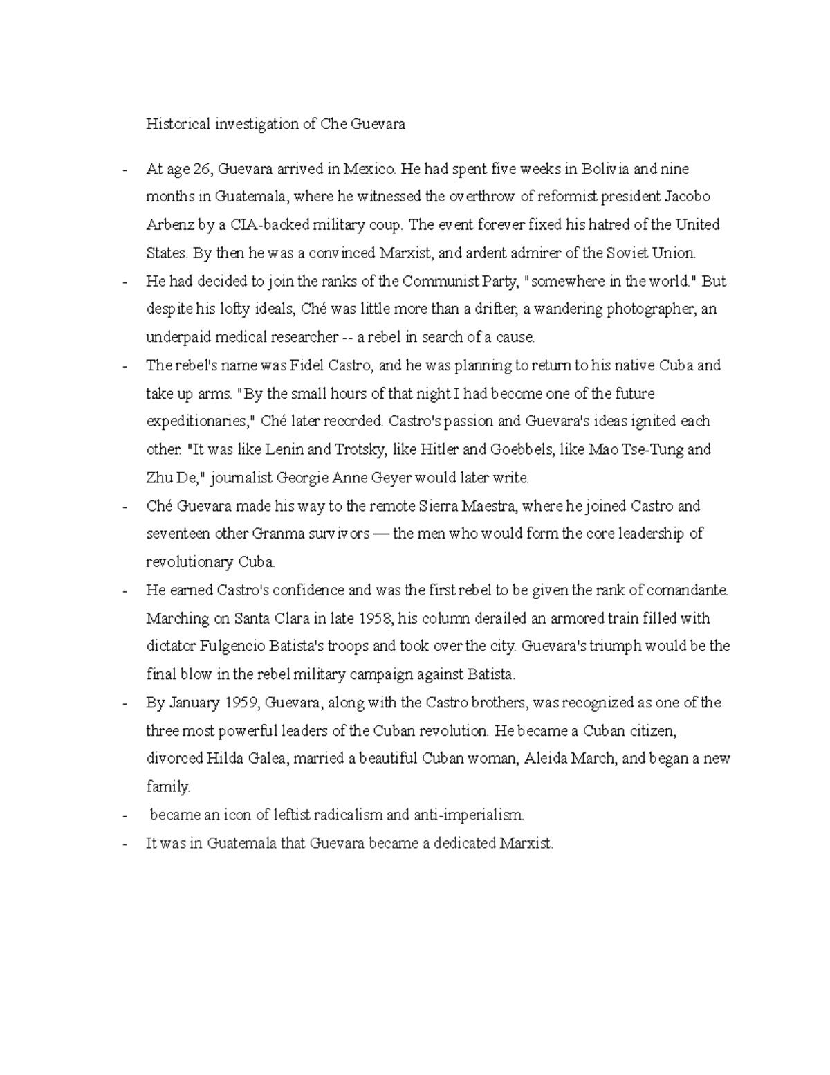 History Assignment - Research Notes on Che Guevara for Assessment Task ...