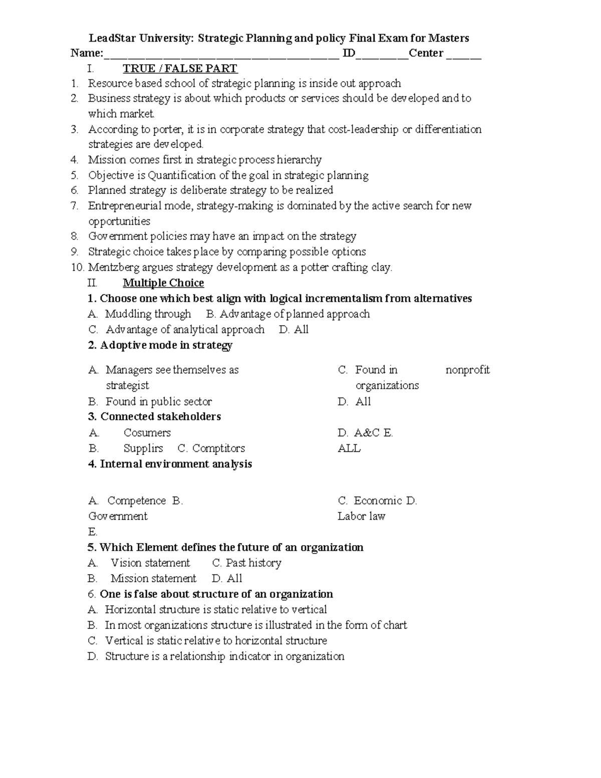LeadStar University: Strategic Planning & Policy Final Exam for Masters ...