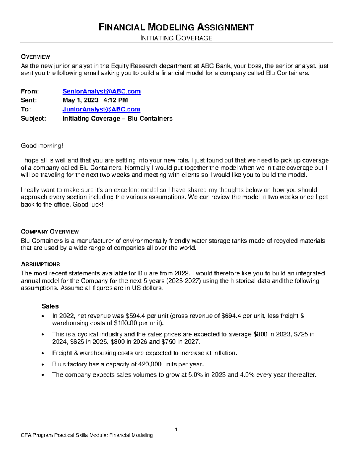 Blu Containers Financial Model Assignment - CFA Module Analysis - Studocu