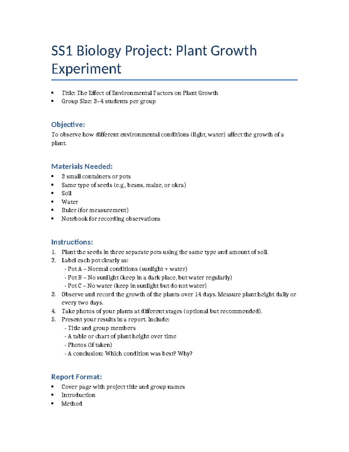SS1 Biology Project Plant Growth Experiment - SS1 Biology Project ...