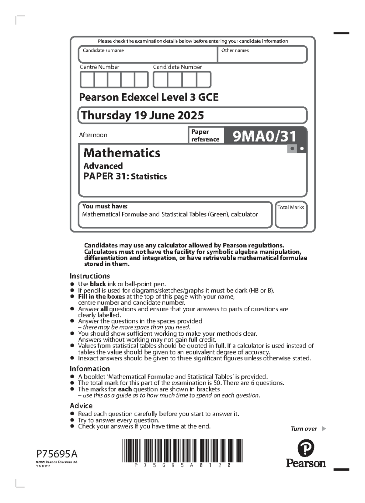 2506 9MA0-31 A Level Mathematics - Statistics Exam Paper - June 2025 ...