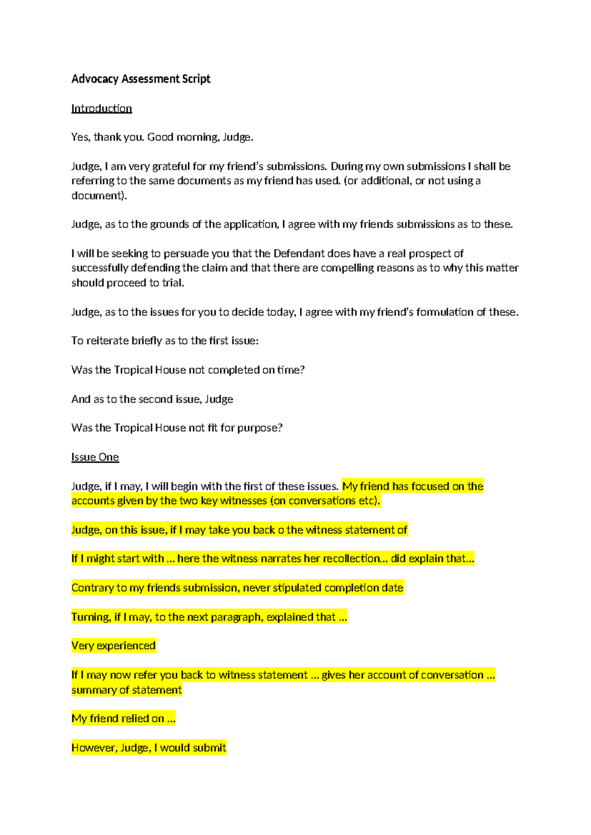 Advocacy Assessment Script: Trial Defense Arguments - Studocu