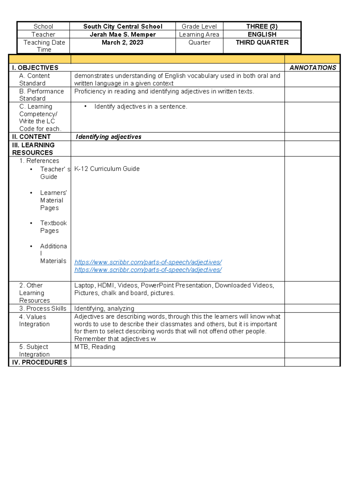 ENGLISH 3 - LESSON PLAN ON ADJECTIVES AND THEIR IDENTIFICATION - Studocu
