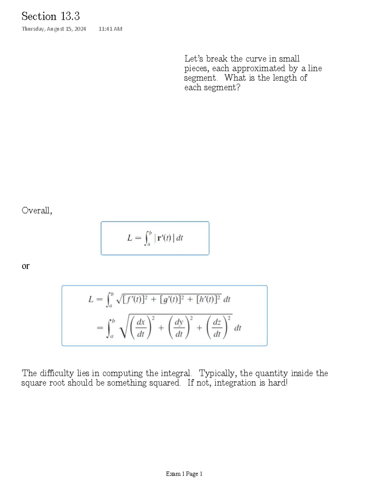 Title: Calculating Curve Length: Exam 1 Practice Problems (MATH 101 ...