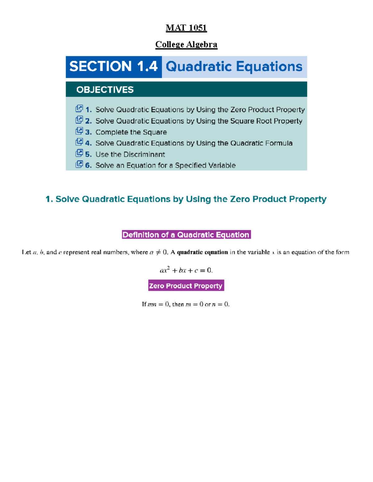 College Algebra Study Notes for MAT 1051: Quadratic Equations - Studocu