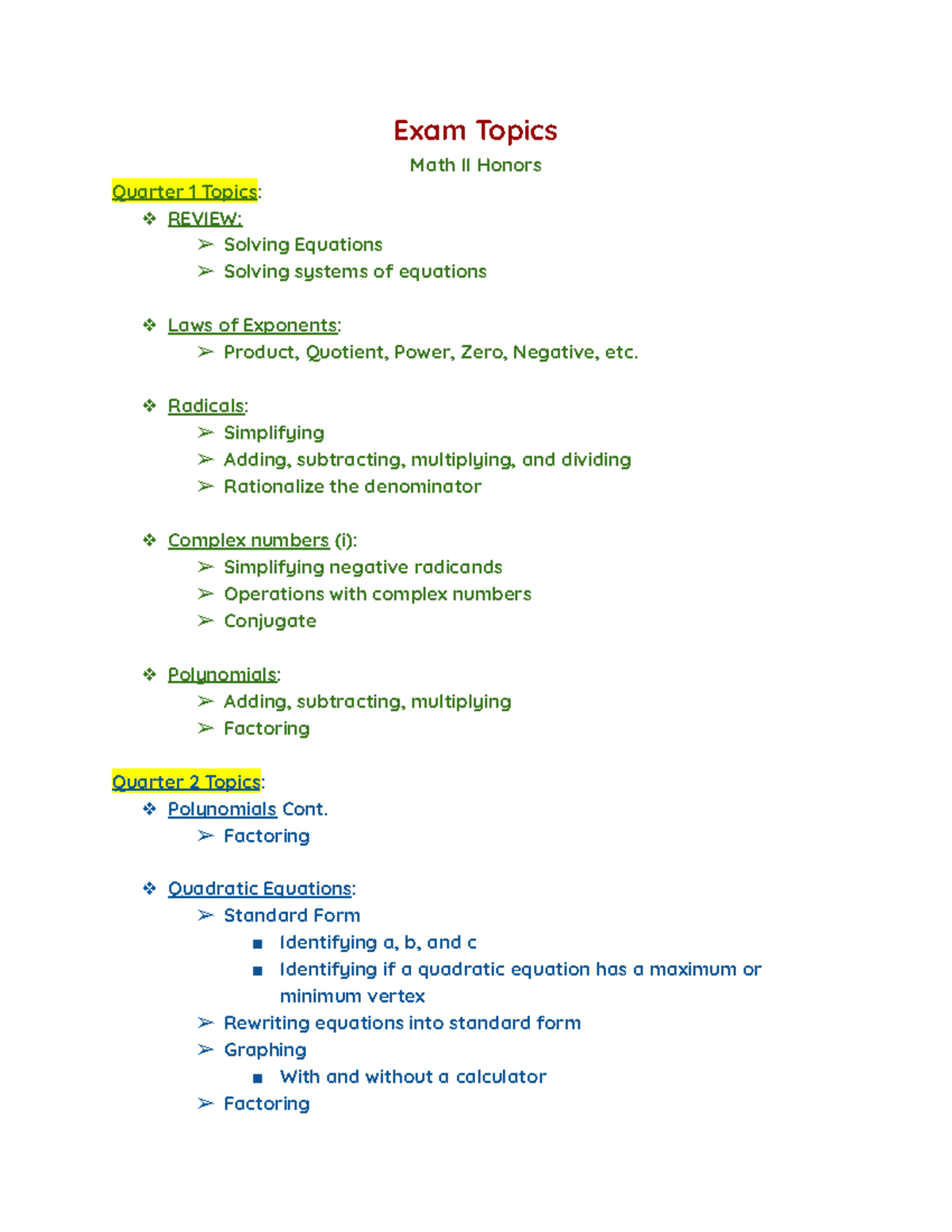 Math S1 - Sophomore honors math - Exam Topics Math II Honors Quarter 1 ...