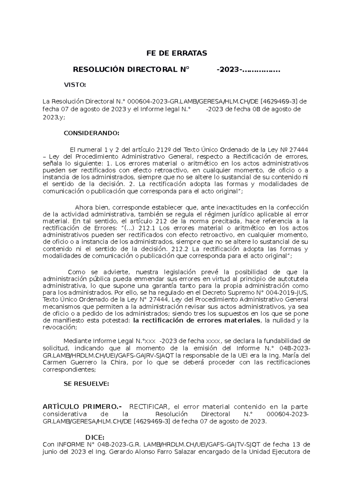 Fe de Erratas: Resolución Directoral N° 000604-2023-GR.LAMB/GERESA ...
