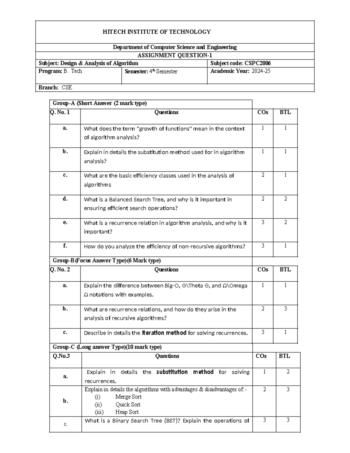 CSPC2006 Assignment: Design Analysis of Algorithms Short Answers - Studocu