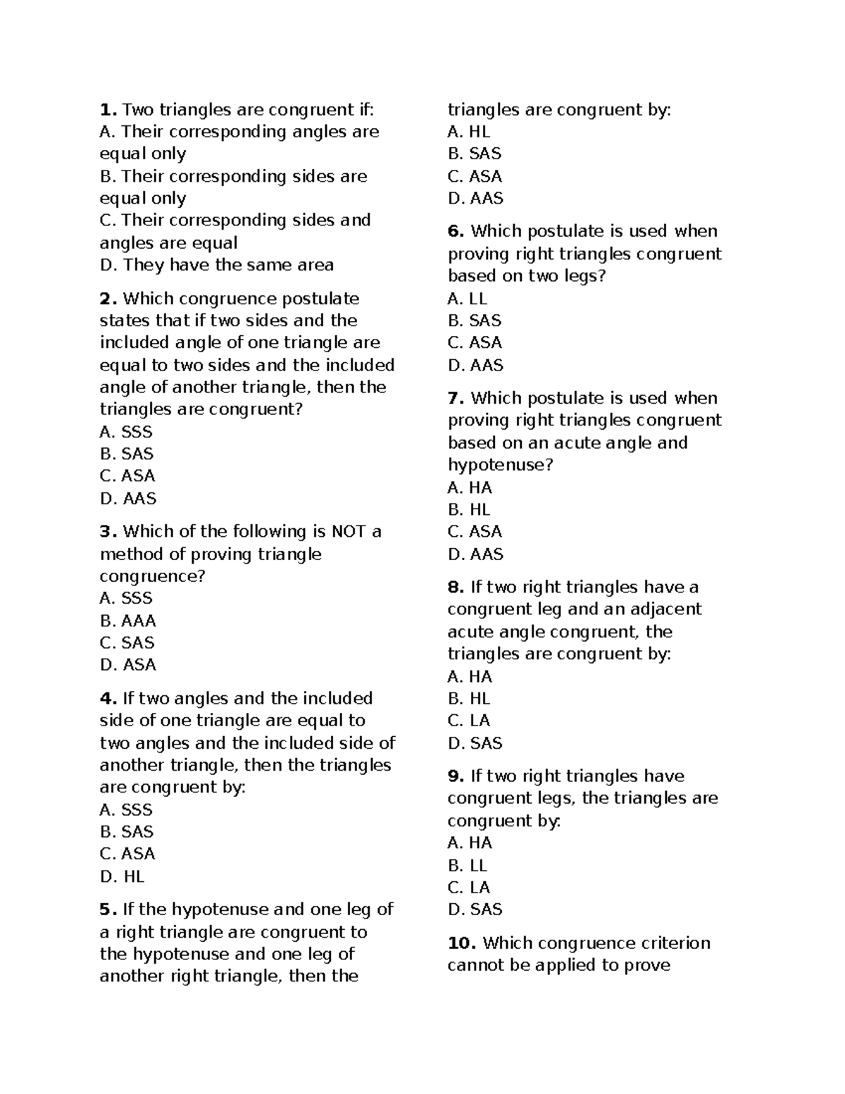 PRE-TEST G9 - Triangle and Quadrilateral Congruence Concepts - Studocu