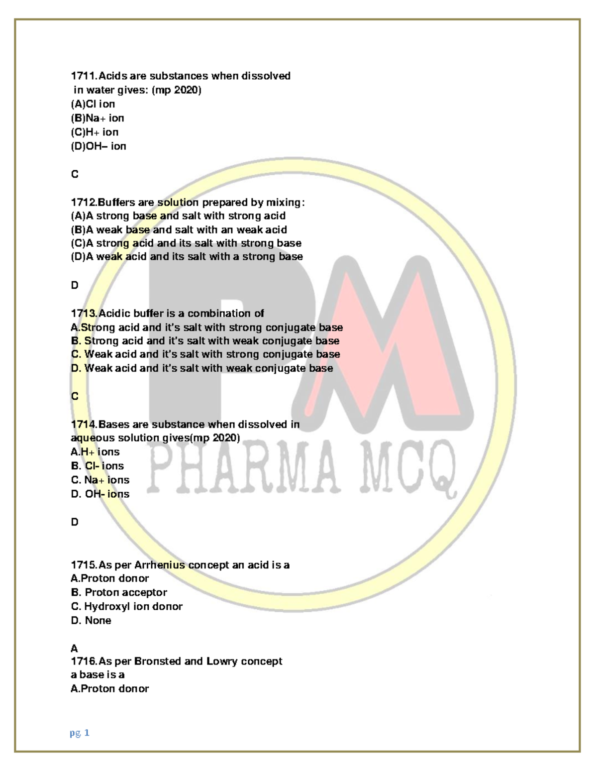 Tablets MCQ (1711-2450): Acids, Bases, and Buffers Concepts - Studocu