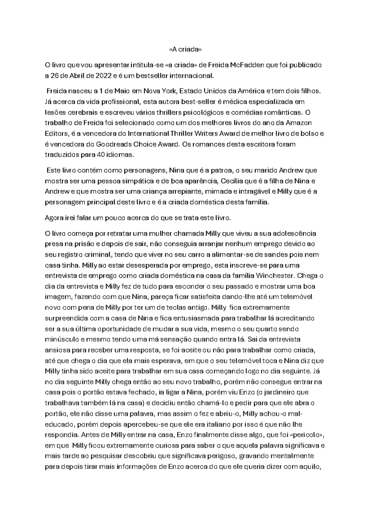 Análise do Livro "A Criada" de Freida McFadden - Documento 23 - Studocu