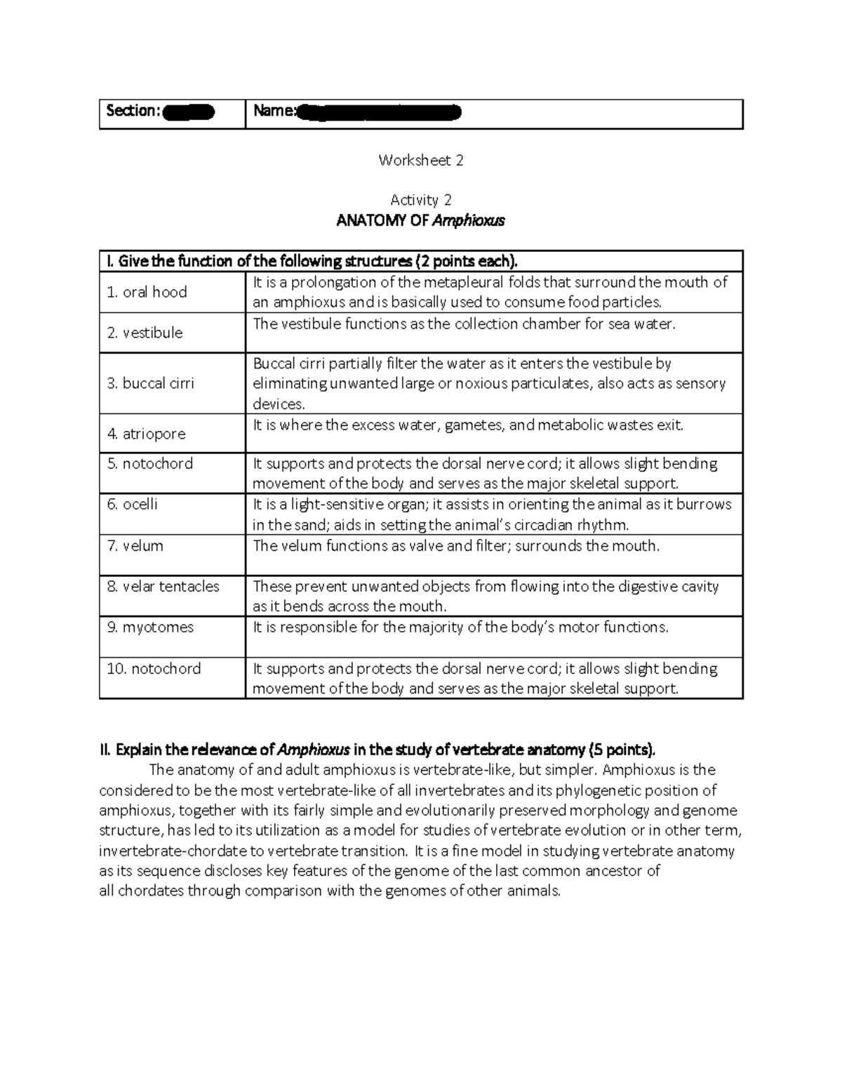 MEB22 Worksheet on Anatomy of Amphioxus: Functions & Relevance - Studocu
