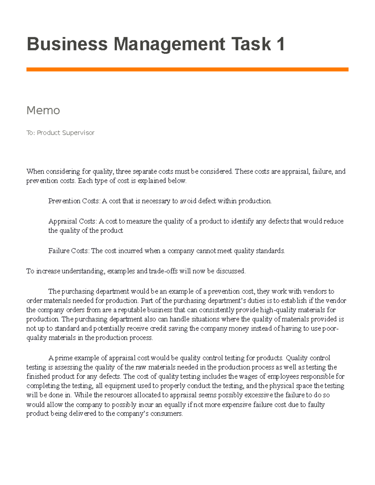 QHT1 Task 1 Passed EZ - Business Management Task 1 Memo To: Product ...