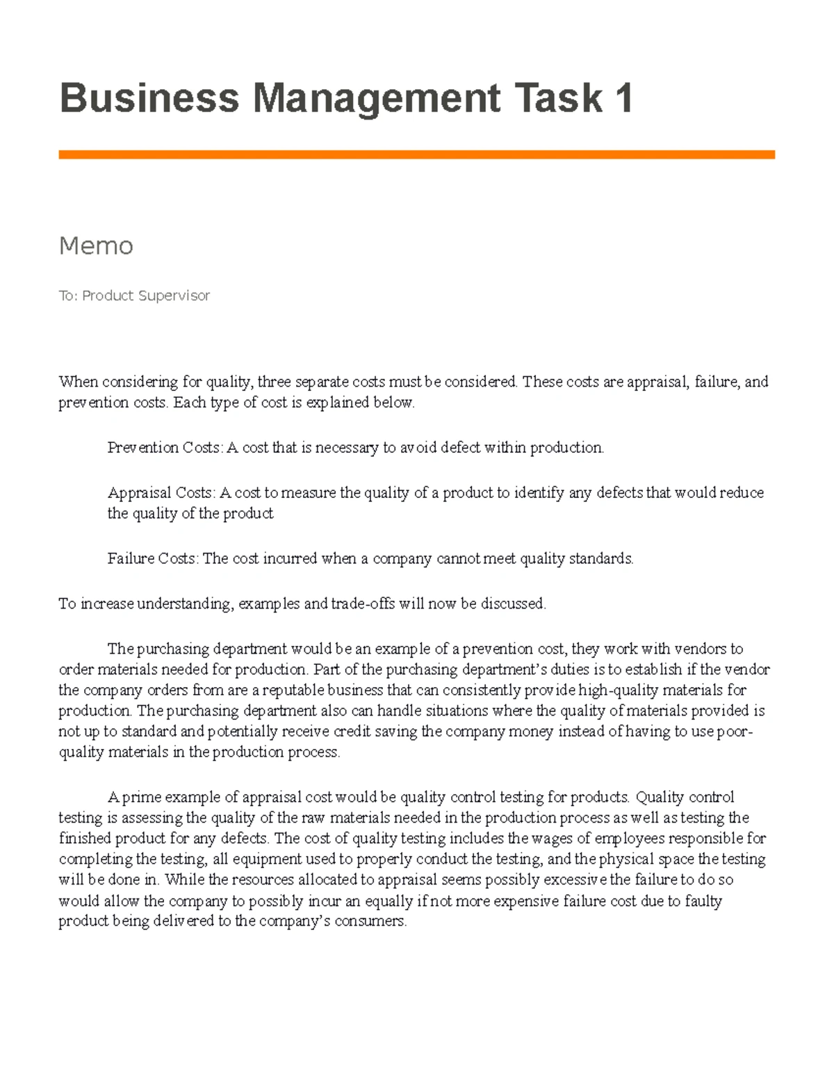 Business Management Tasks — QHT1 - TASK 1 - Memo To: Management From ...