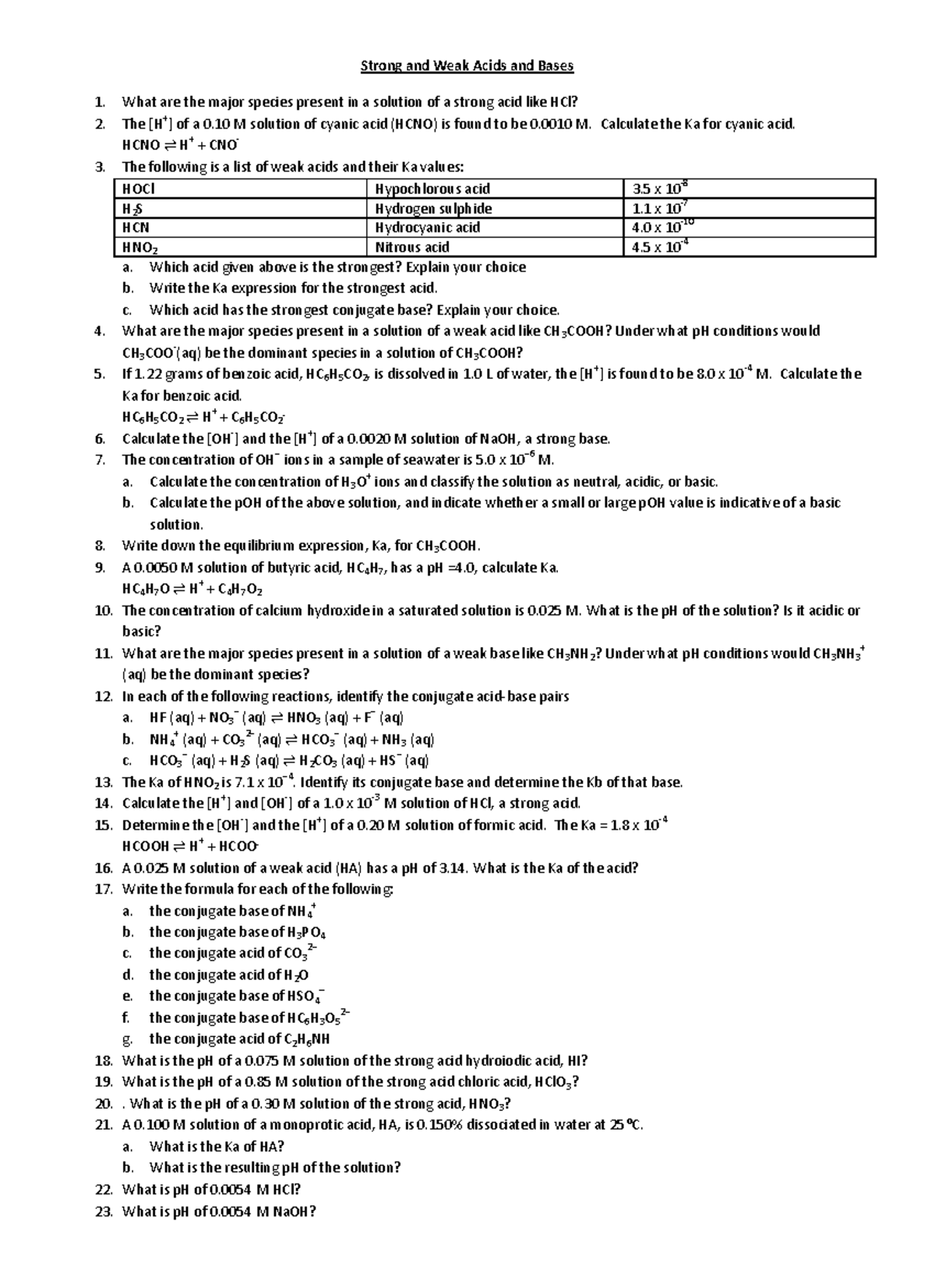 Acid Base Calculations Worksheet