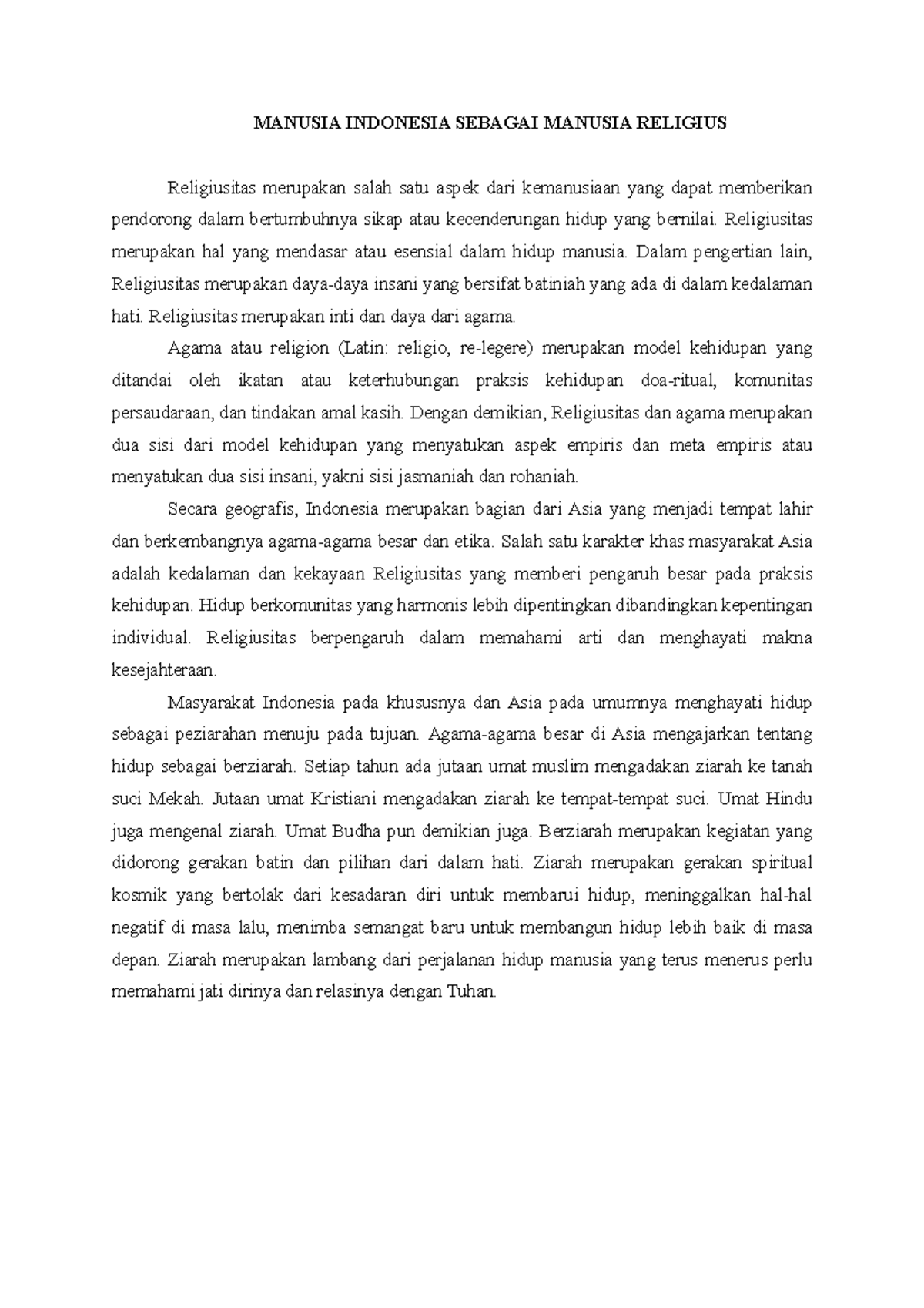 Religiusitas Manusia Indonesia: Aspek Kemanusiaan yang Esensial - Studocu