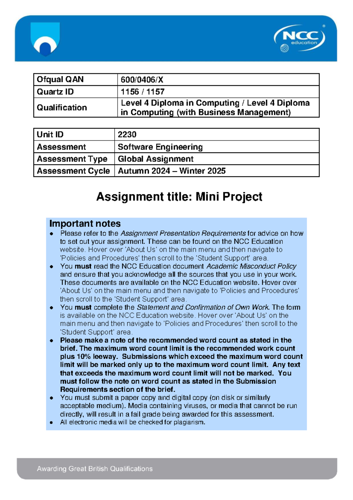 SWE - Level 4 Diploma in Computing Mini Project Guidelines - Studocu