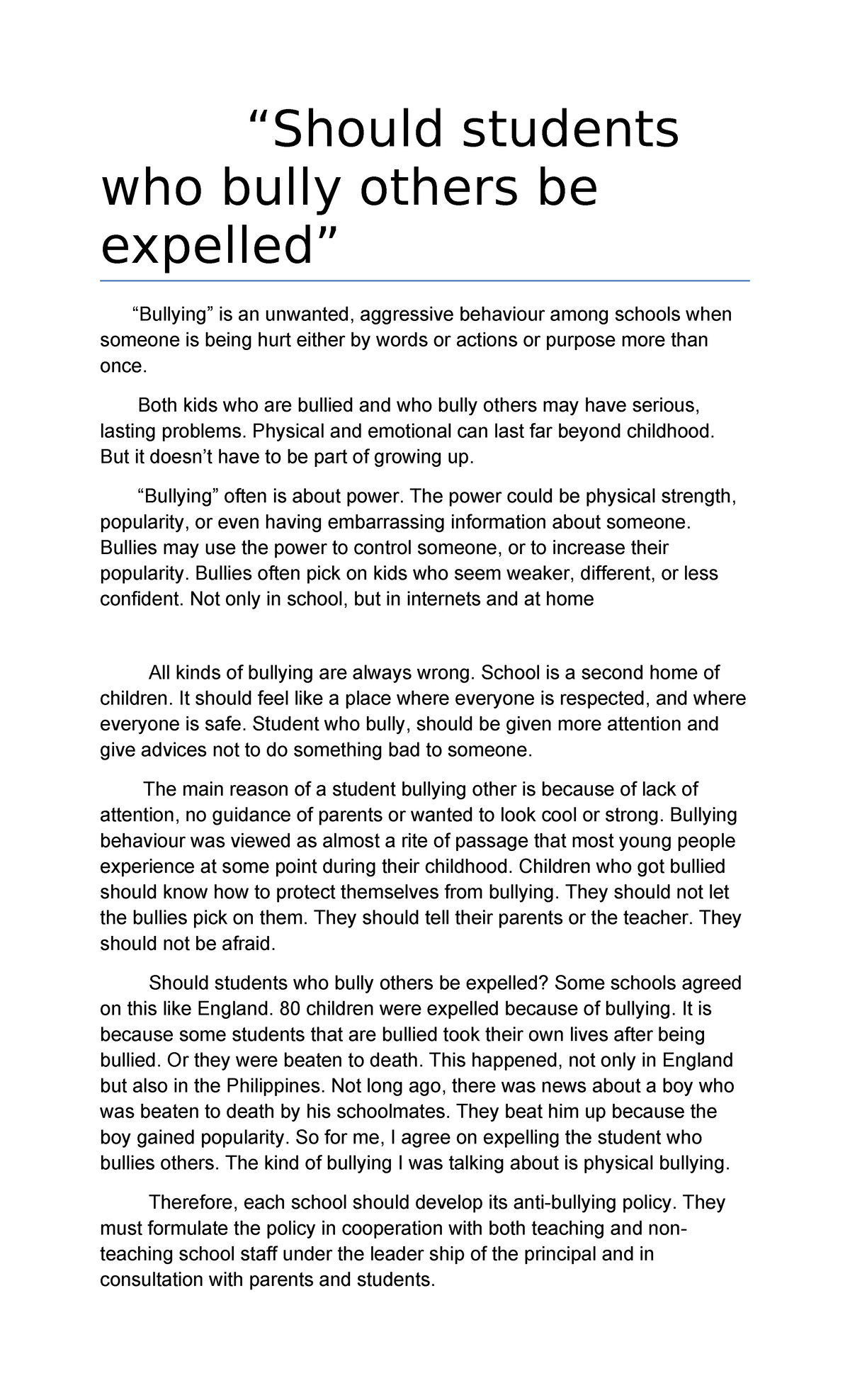 Persuasive Speech on Bullying: Should Students Be Expelled? - Studocu