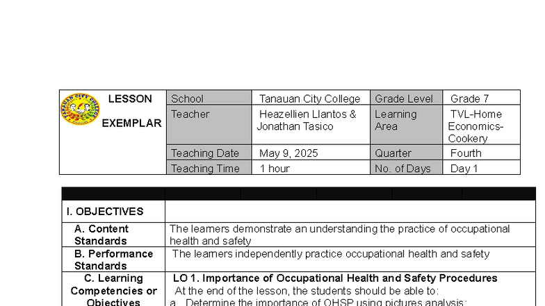 Grade 7 TLE Lesson Plan: Importance of Occupational Health & Safety ...