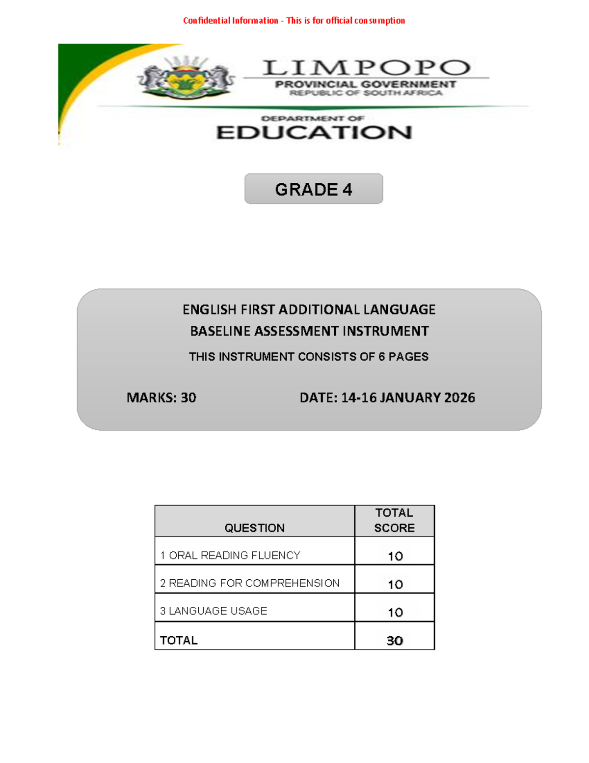 Grade 4 English FAL Baseline Assessment Instrument (Jan 2026) - Studocu