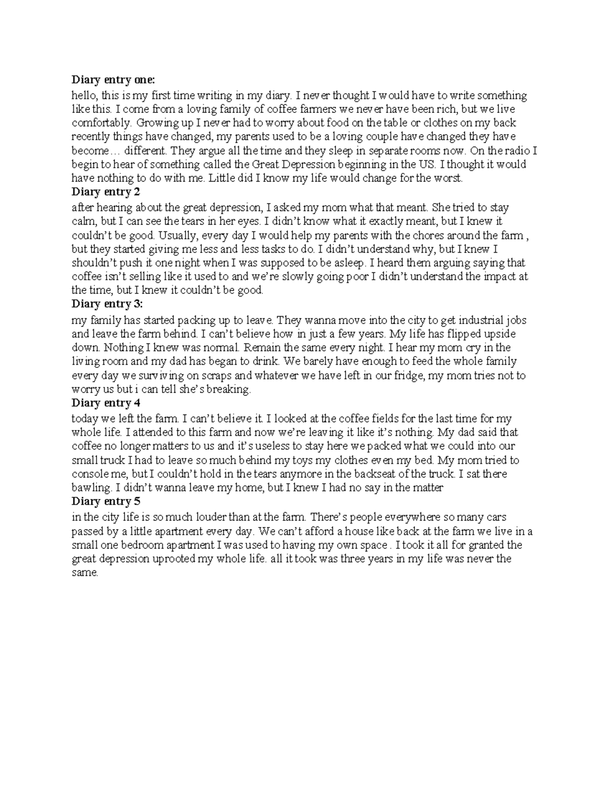 Diary Entries: Life Changes During the Great Depression - Studocu