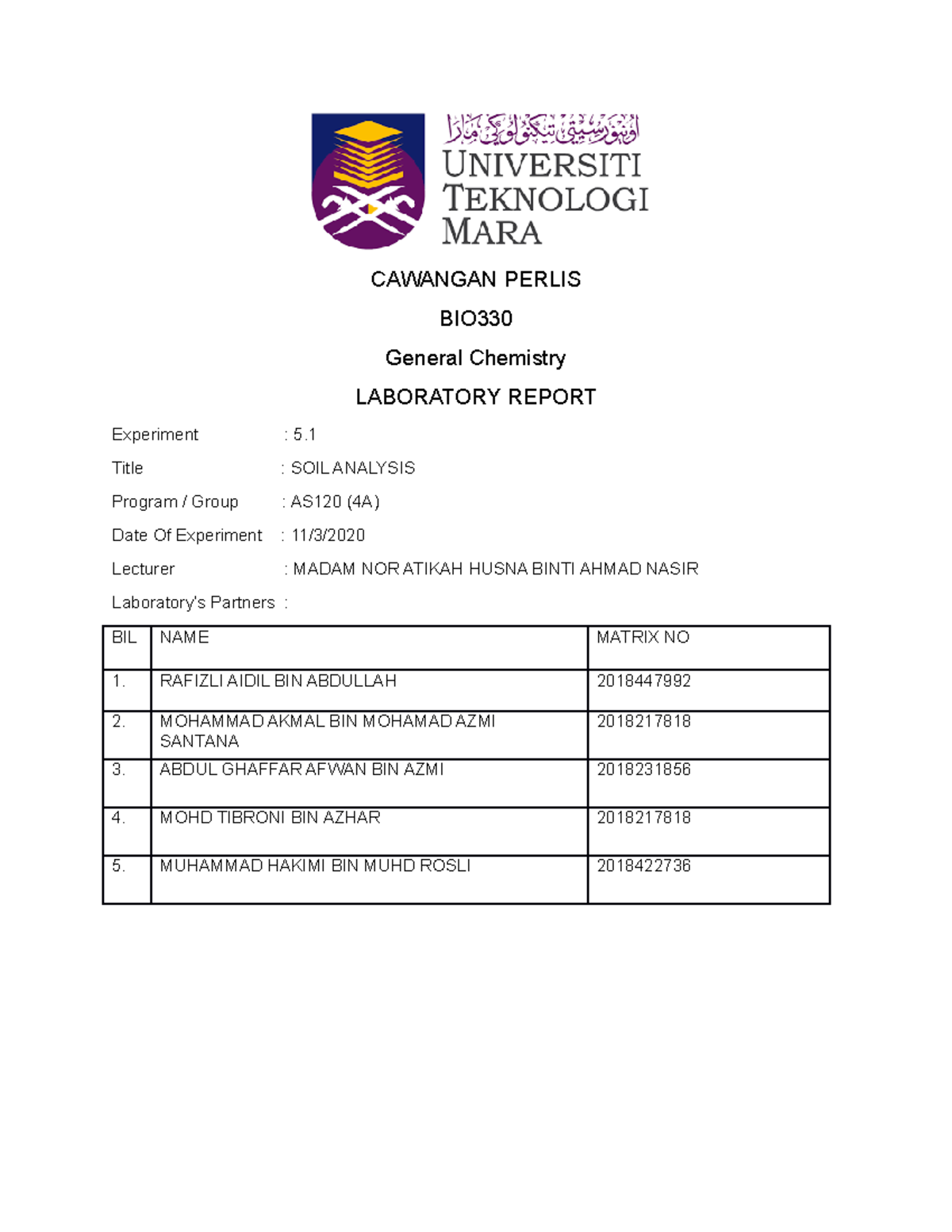 LAB Report BIO 330 EXPERIMENT 1 , 3 AND 5 - CAWANGAN PERLIS BIO General ...