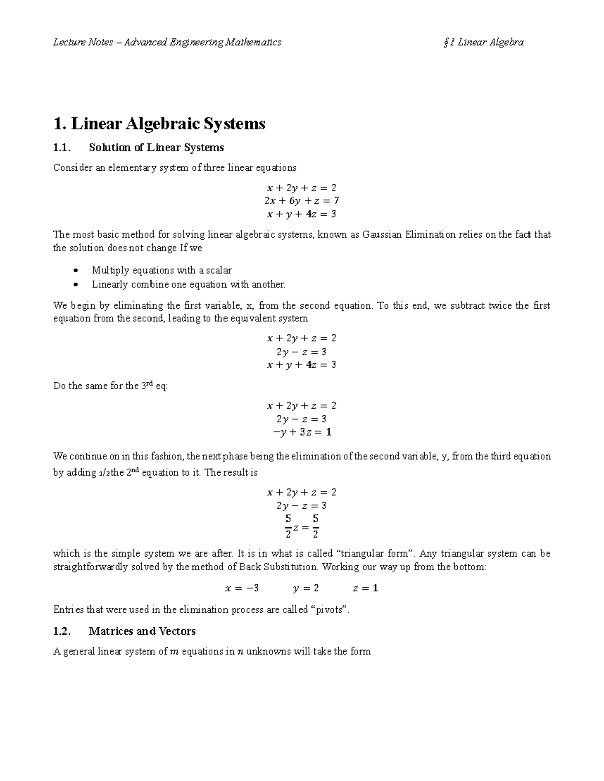 Lecture Notes: Advanced Engineering Mathematics (ENG 101) - Linear ...