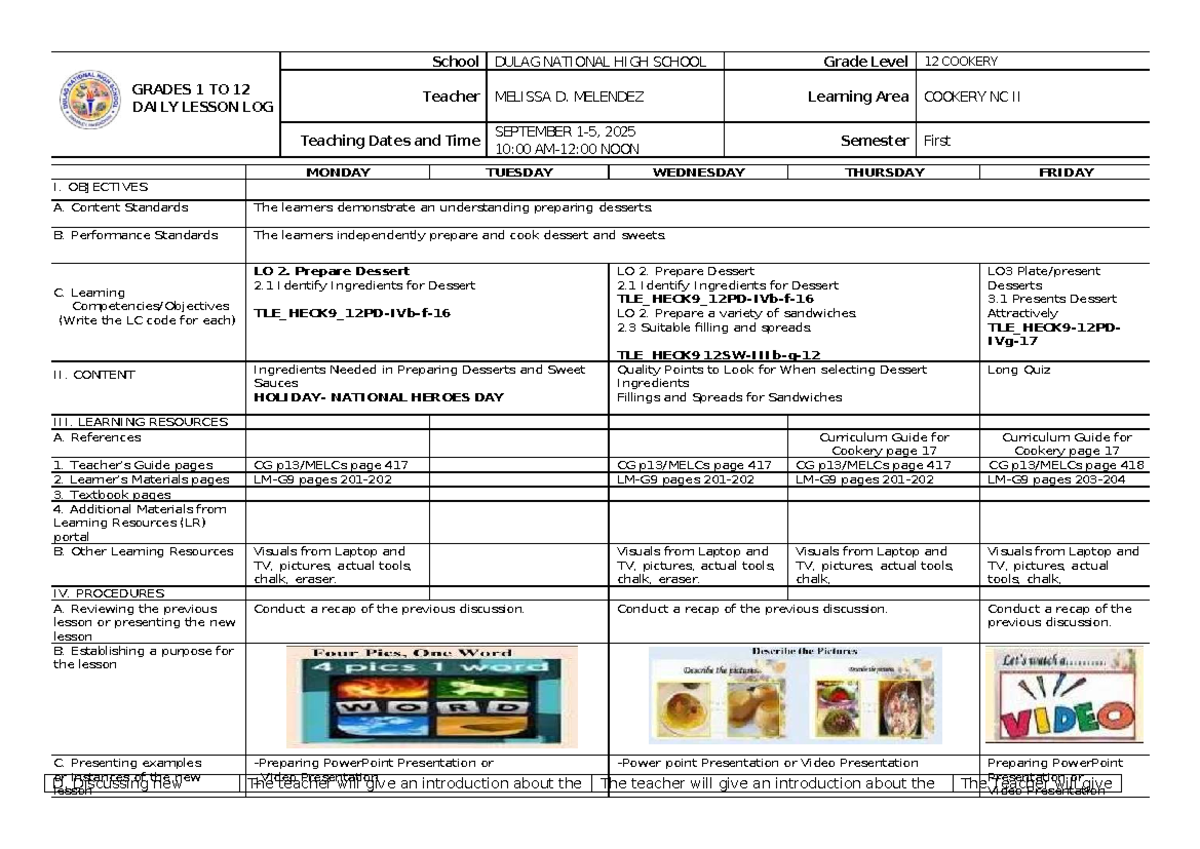 TLE_HECK9: Daily Lesson Log for Preparing Desserts - Studocu