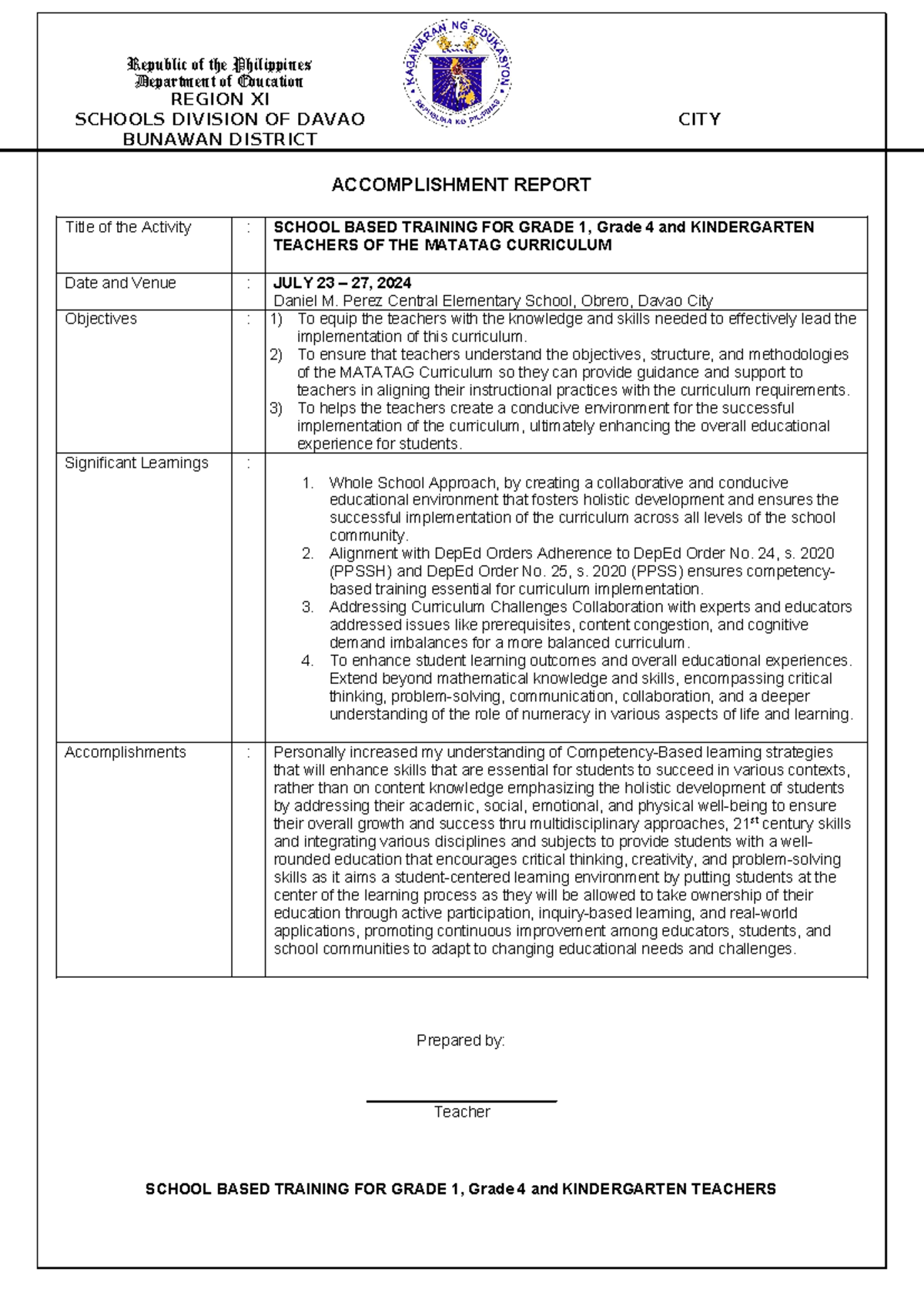 Matatag Curriculum SBTT Accomplishment Report for Teachers - Studocu