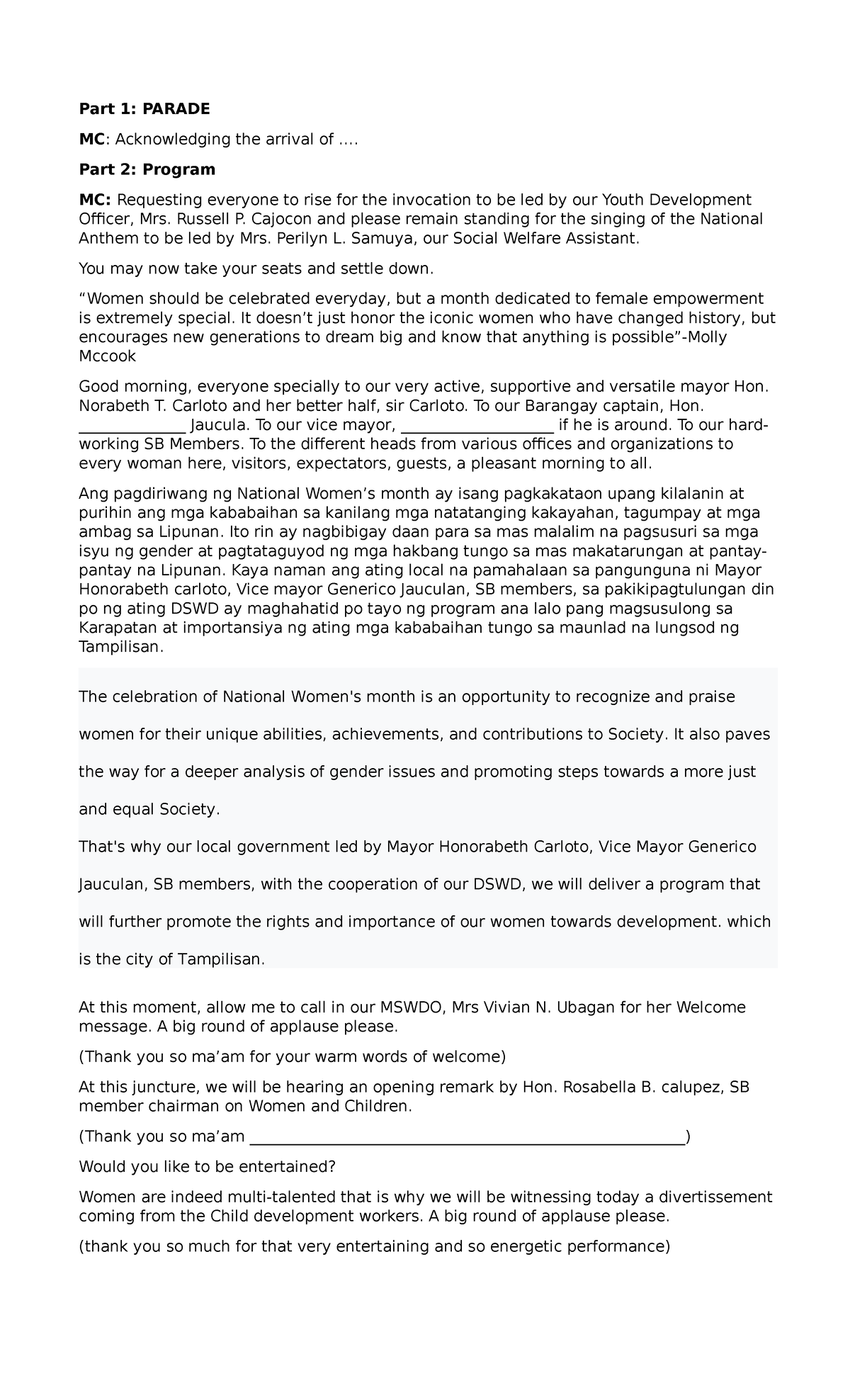 National Women's Month Celebration Script - A Community Event - Studocu