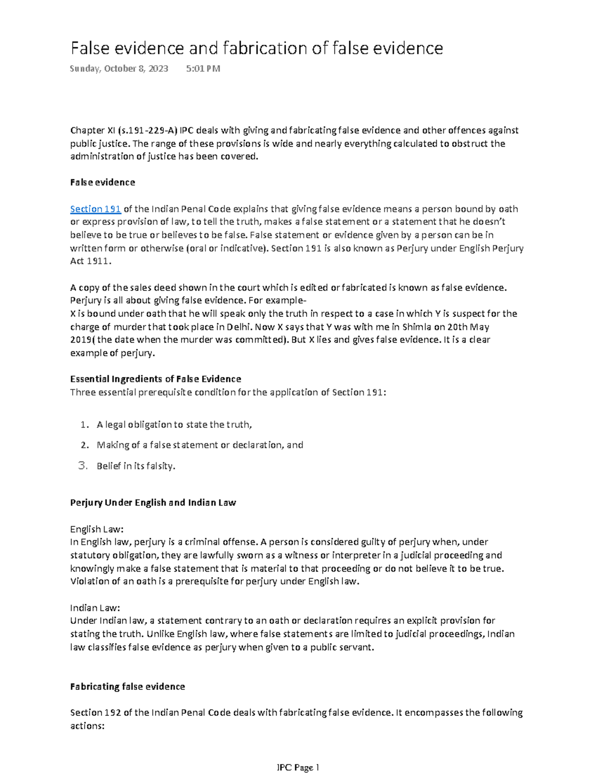 False evidence and fabrication of false evidence - Chapter XI (s- 229 ...